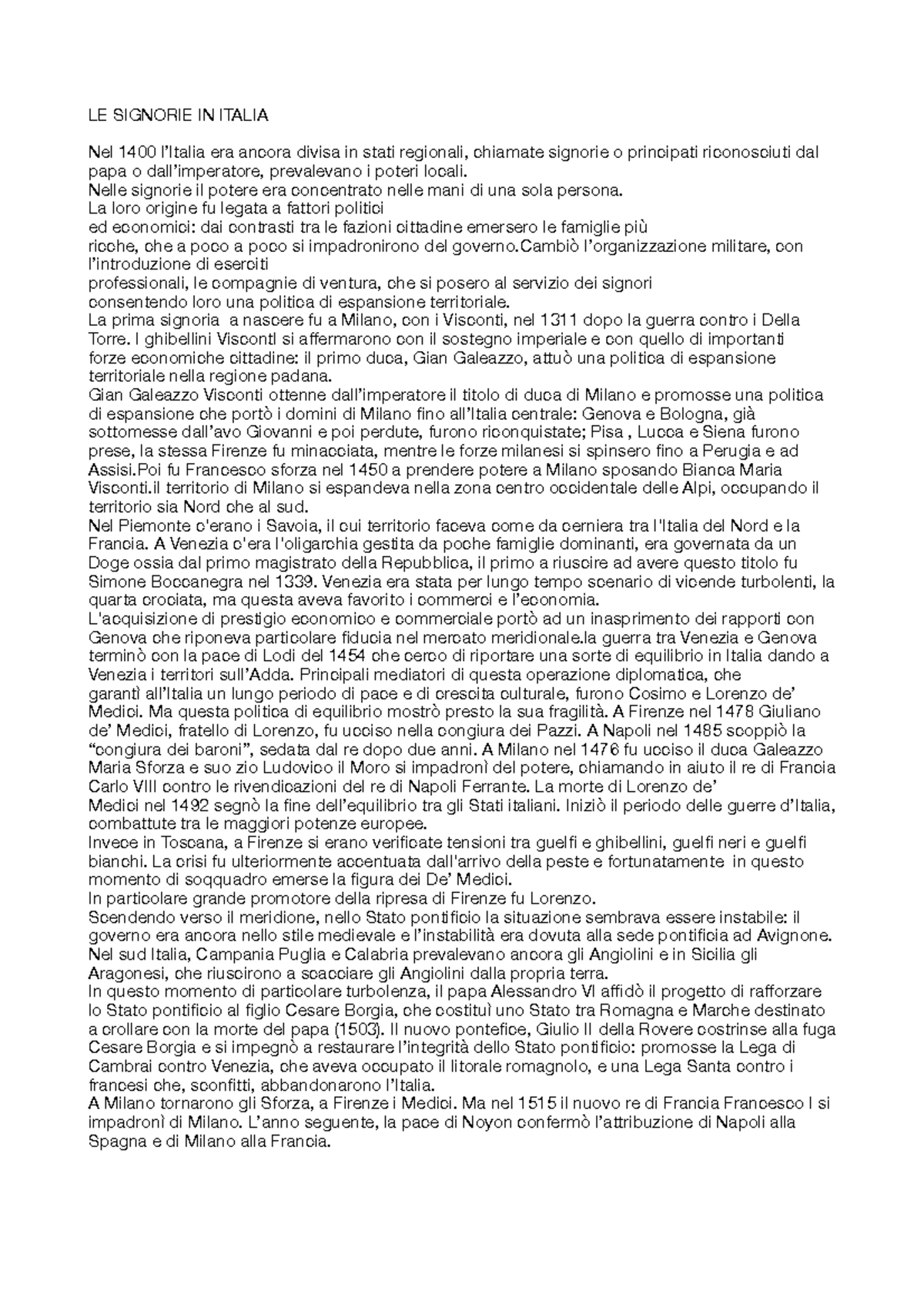 Le signorie in Italia nel quattrocento, la divisione prima dell'unità ...
