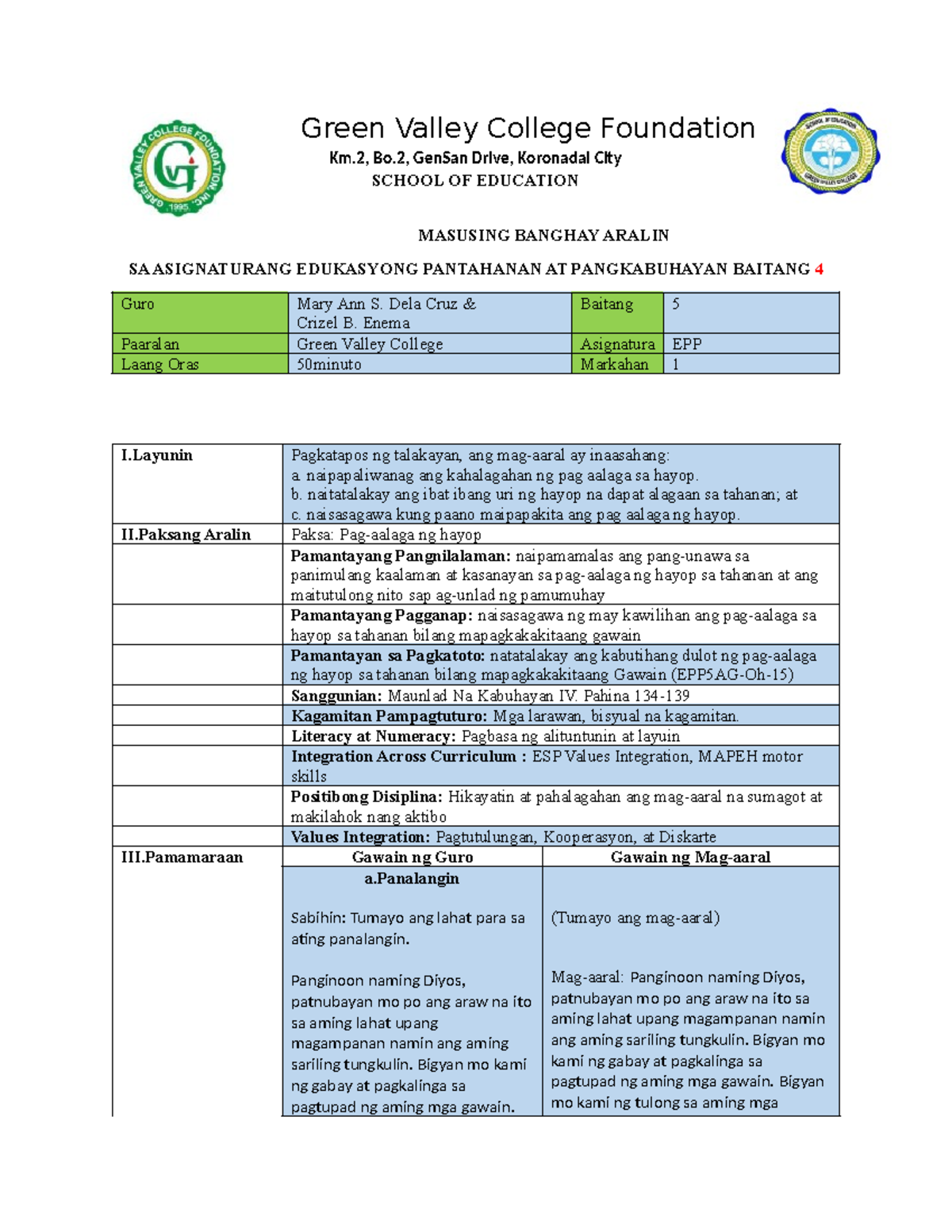 EPP- Lesson-PLAN (Autosaved) - Green Valley College Foundation, Inc. Km ...