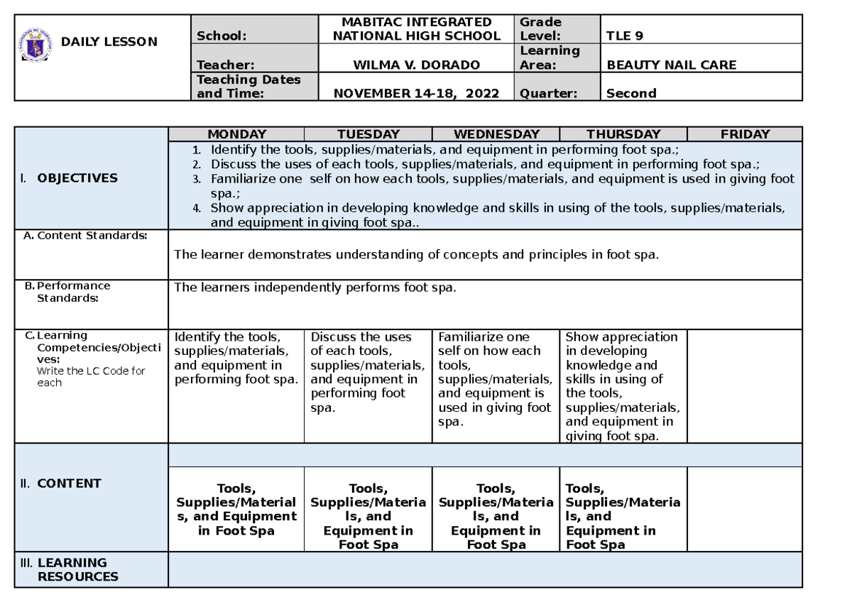 DLL-TLE 2nd Quarter - lesson plan - DAILY LESSON LOG School: MABITAC ...
