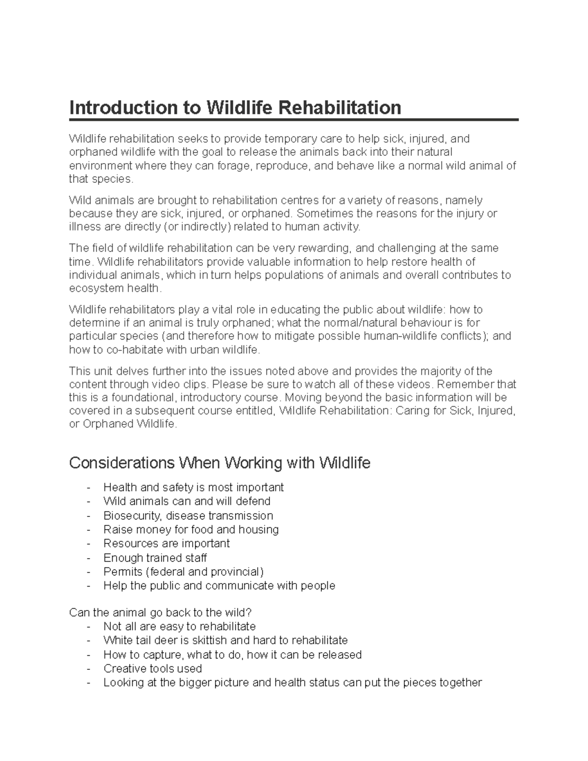 Introduction to Wildlife Rehabilitation Online Lecture Notes ...