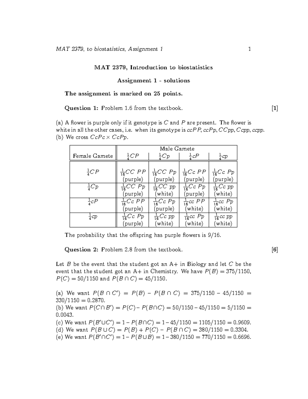 2379X assignment 1 2021 solution - MAT 2379, to biostatistics, Assignment 1 1 MAT 2379 ...