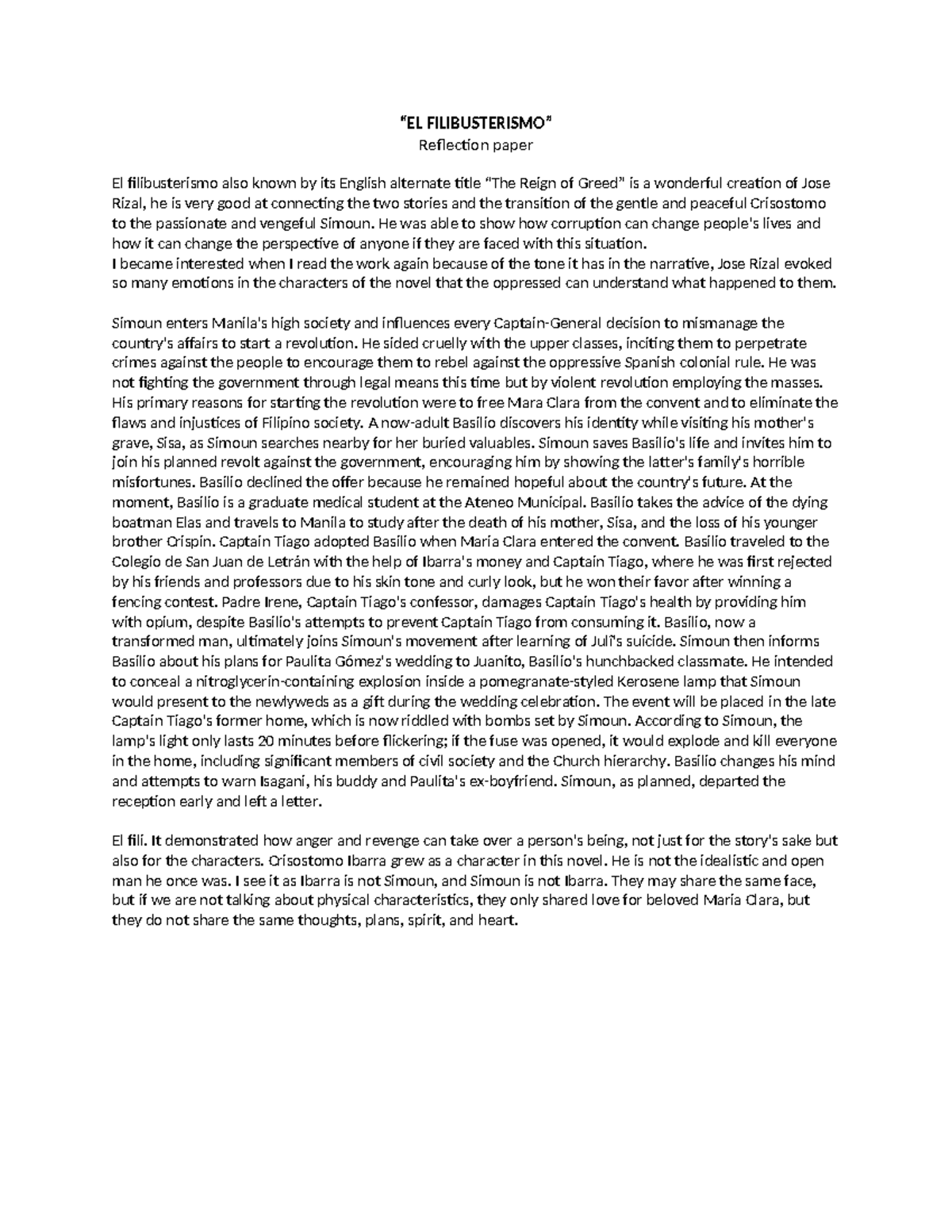 EL Filibusterismo - “EL FILIBUSTERISMO” Reflection paper El ...