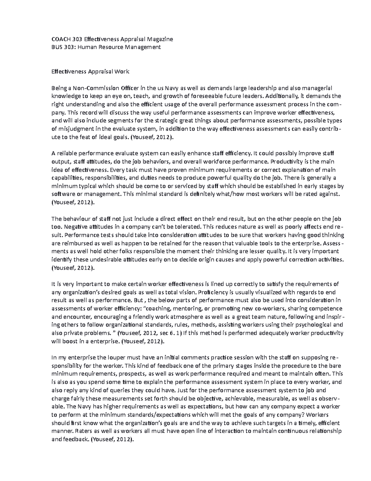 BUS 303 Performance Appraisal Paper 1 - COACH 303 Effectiveness ...