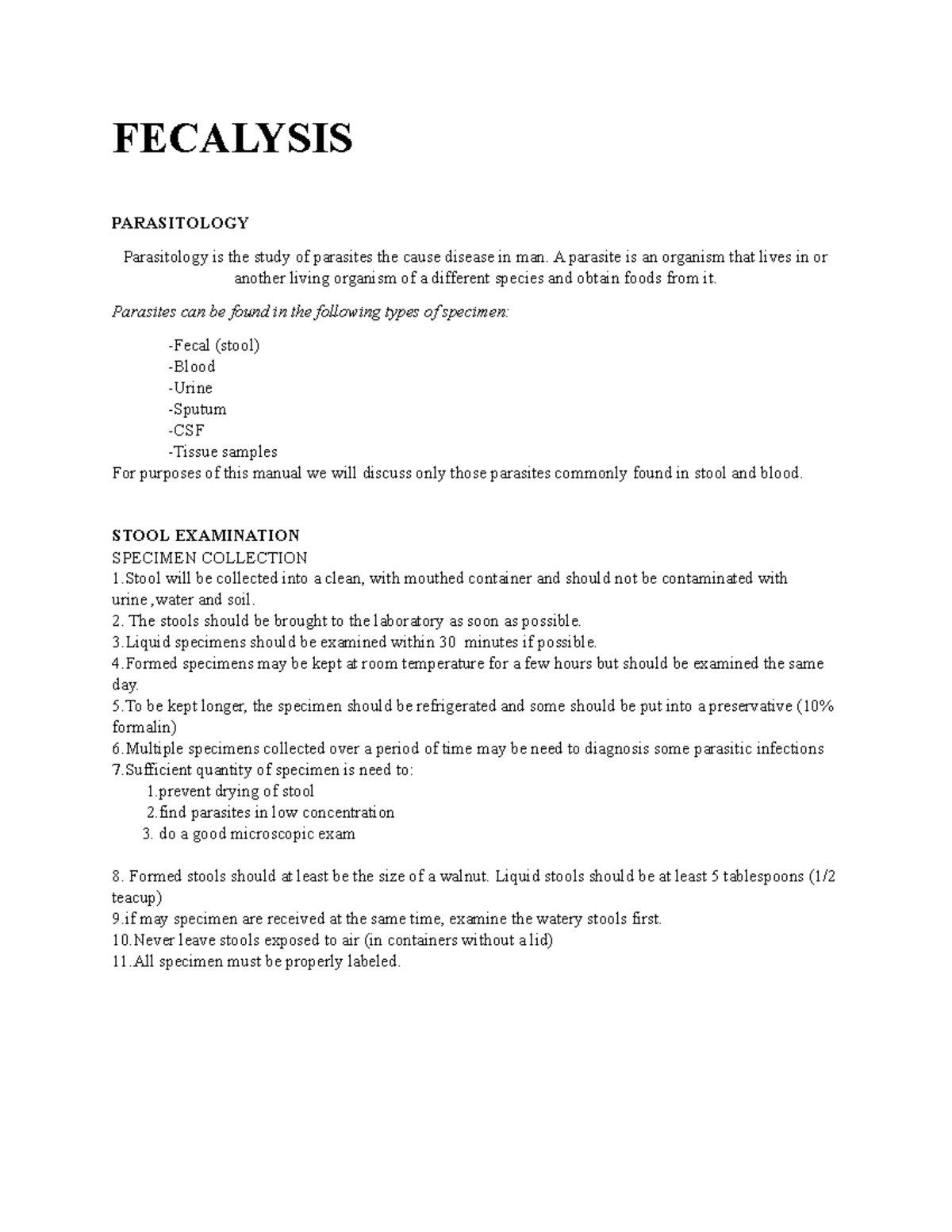 Fecalysis Procedureslaboratory procedures - FECALYSIS PARASITOLOGY ...