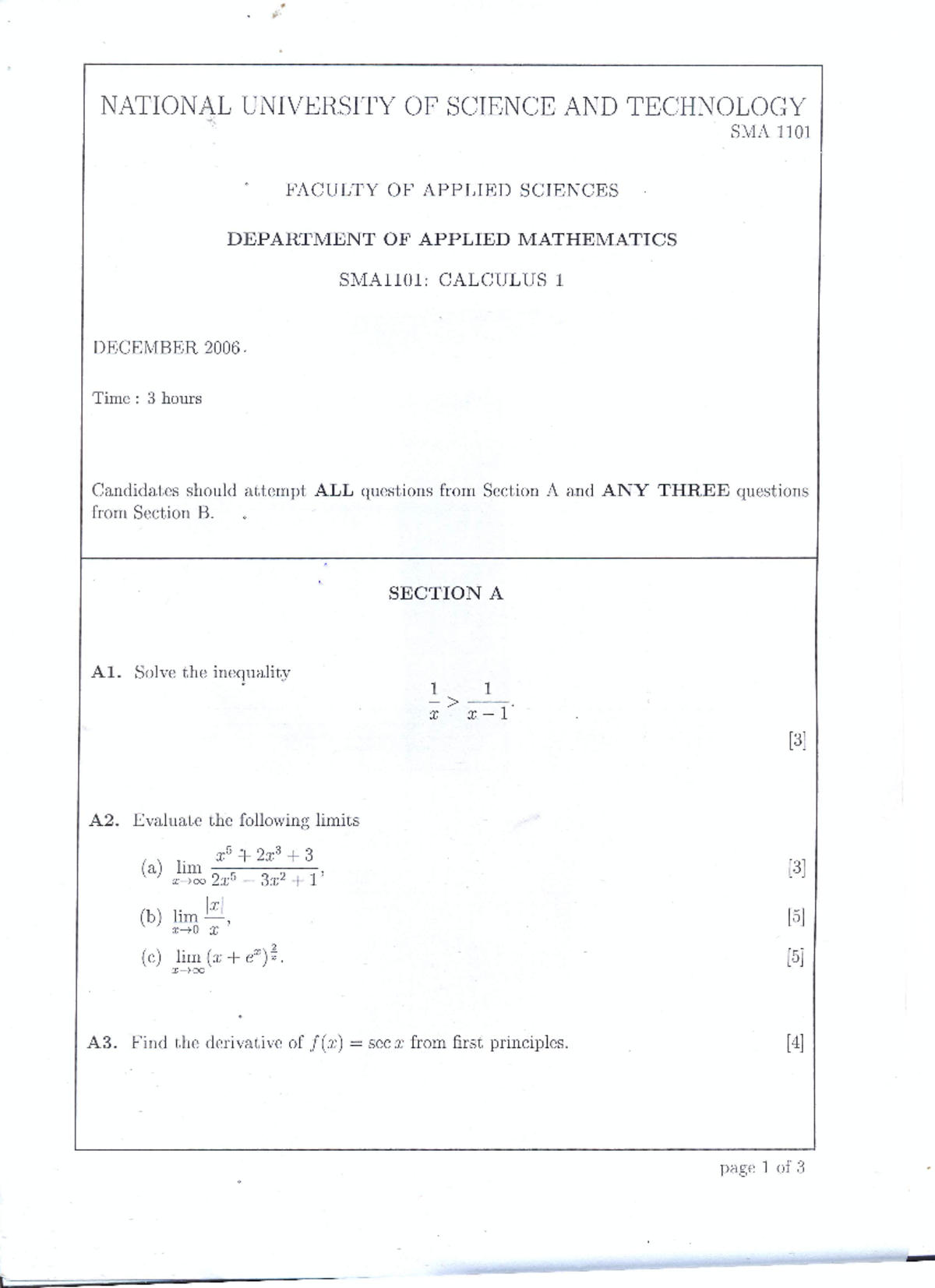 SMA1101-past exam papers - Calculus and Analytical Geometry - Studocu