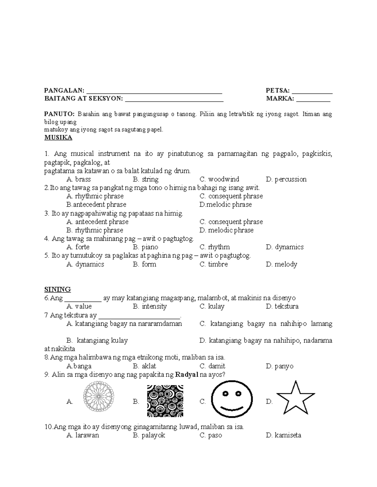 Mapeh 3RD Grading Summative TEST - PANGALAN ...