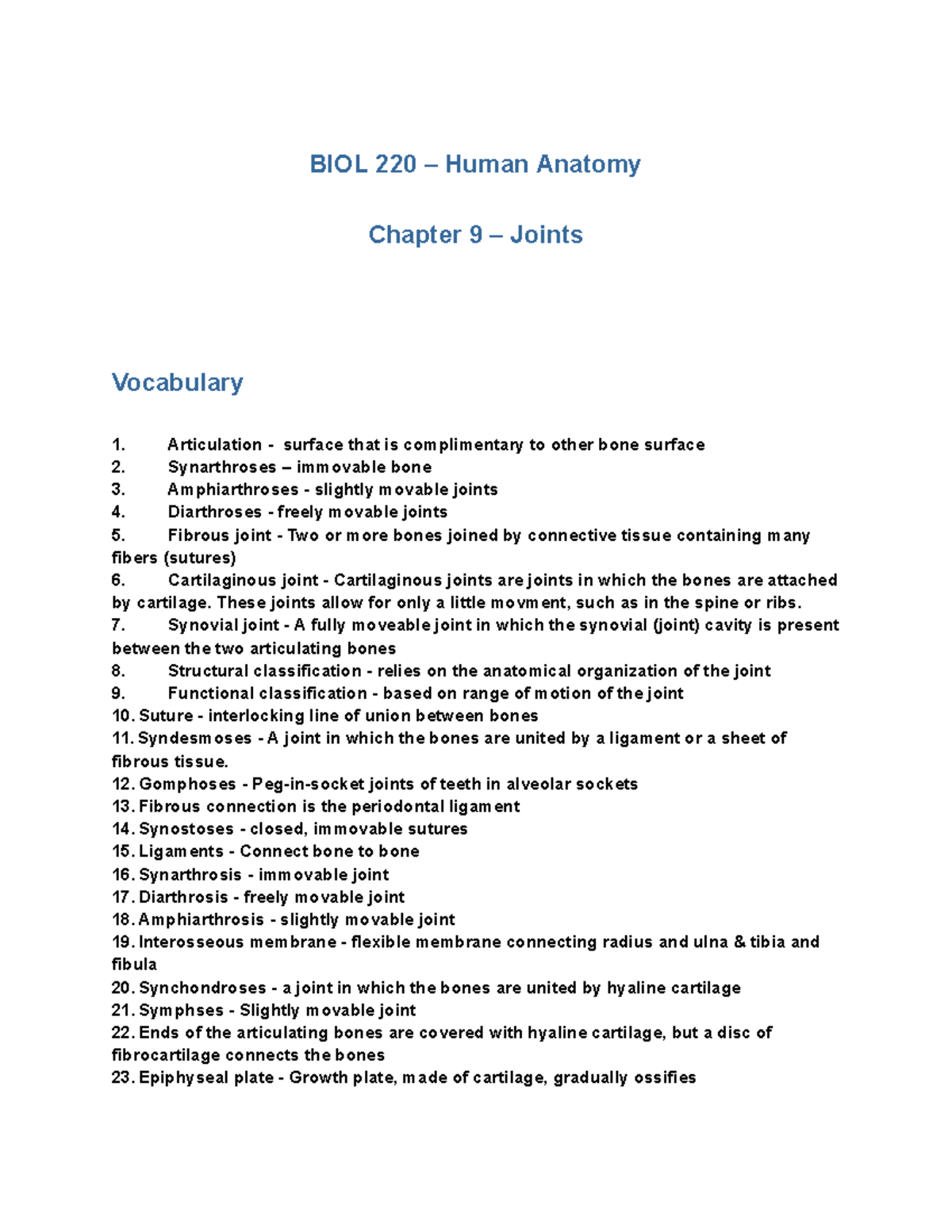 Copy of Chapter 9 - anatomy notes joints - BIOL 220 – Human Anatomy ...
