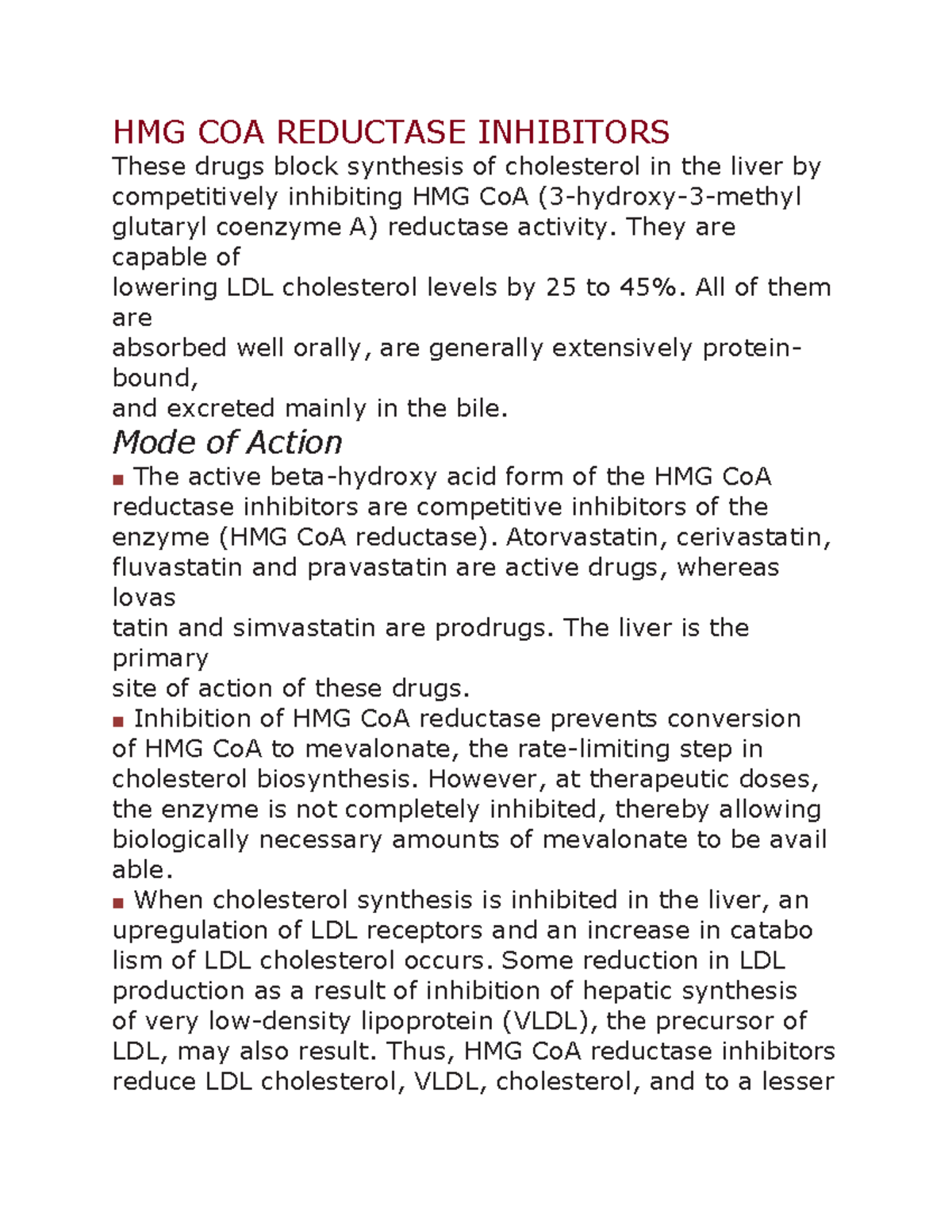 HMG COA Reductase Inhibitors - HMG COA REDUCTASE INHIBITORS These drugs ...