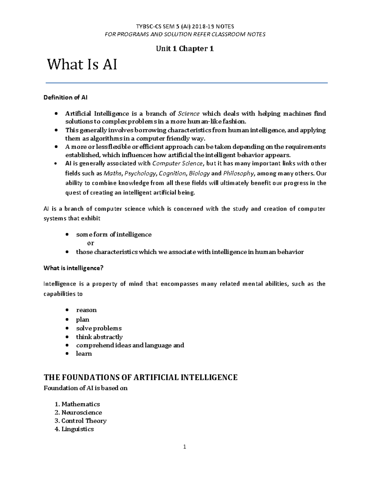 AI Notes FOR PROGRAMS AND SOLUTION REFER CLASSROOM NOTES What Is AI