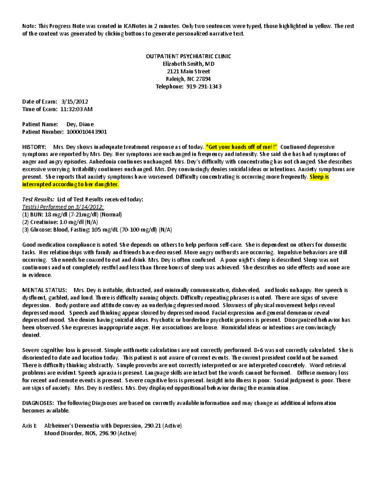 Alzheimer's Dementia SOAP Progress Note Example - Note: This Progress ...