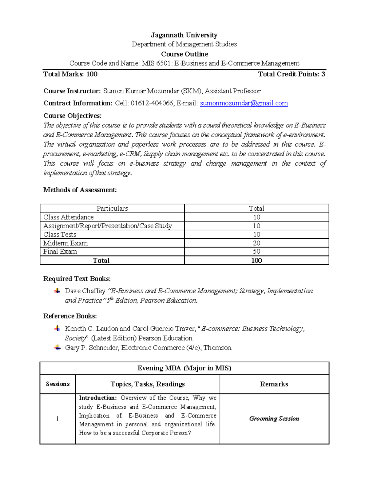 Course Outline - good - Jagannath University Department of Management ...