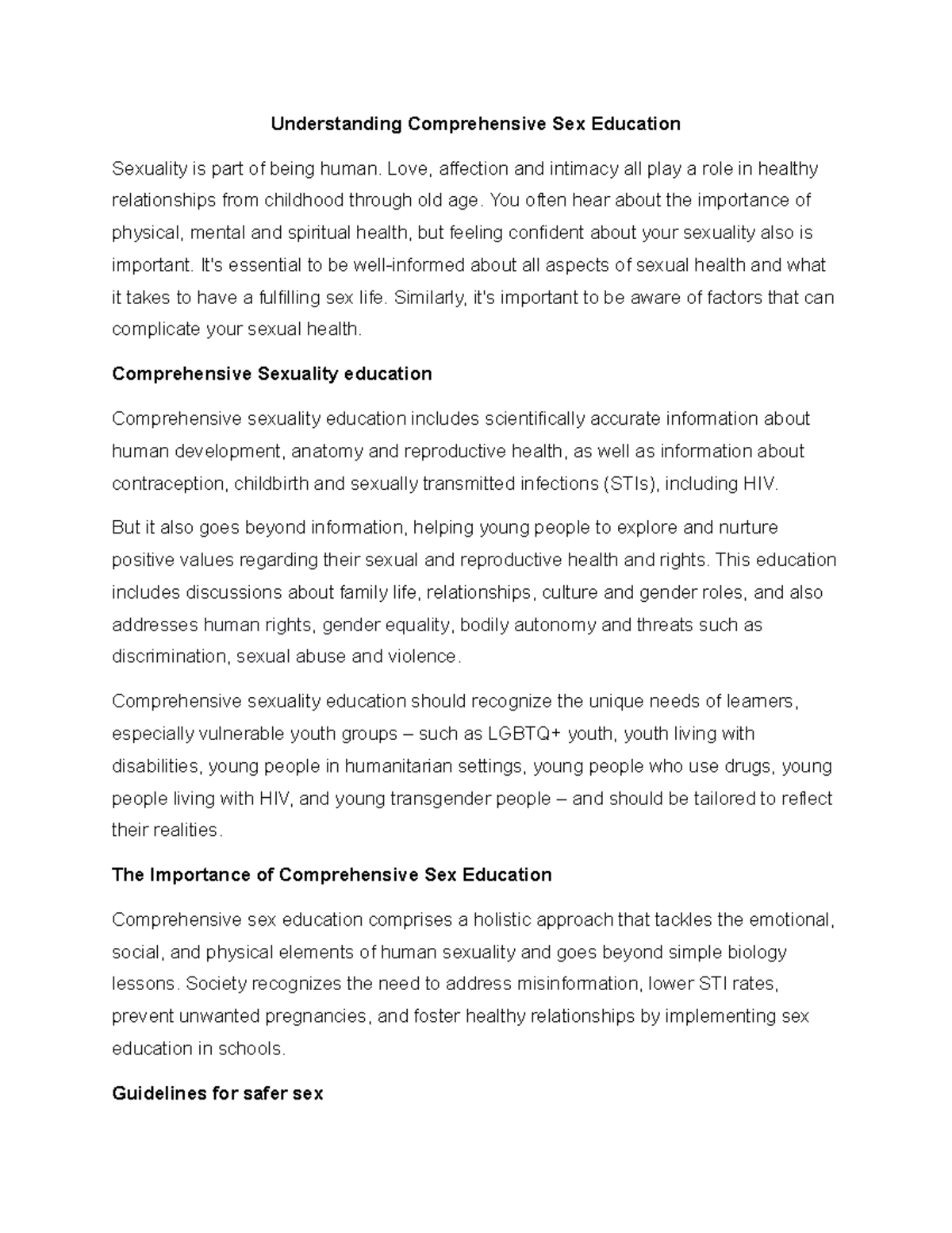 Understanding Comprehensive Sex Education Understanding Comprehensive
