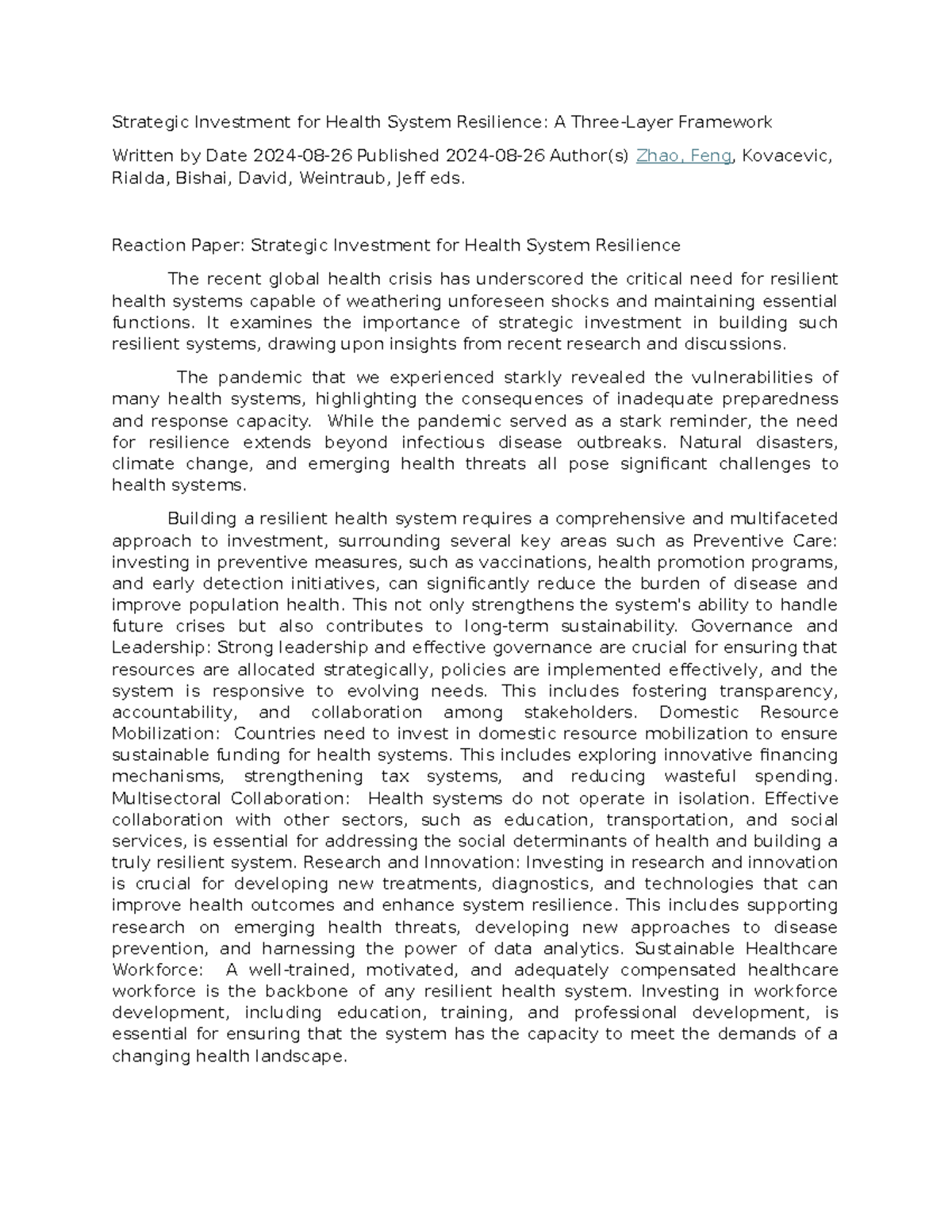 Strategic Investment for Health System Resilience - Reaction Paper ...