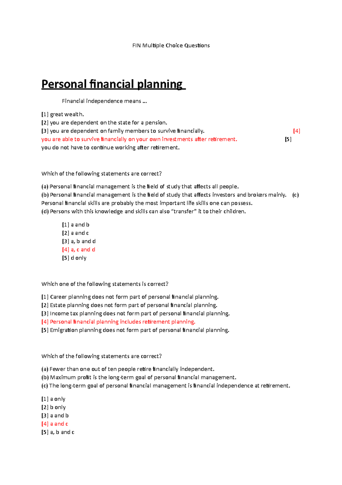 FIN Multiple Choice Questions - FIN Multiple Choice Questions Personal ...