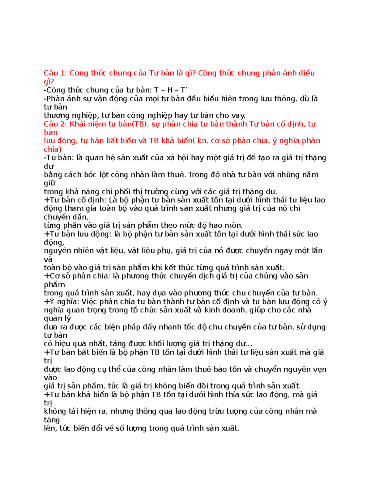 Bai tap chuong 3 KTCT - Kinh tế chính trị Mác Lê nin - Câu 1: Công thức chung của Tư bản là gì ...