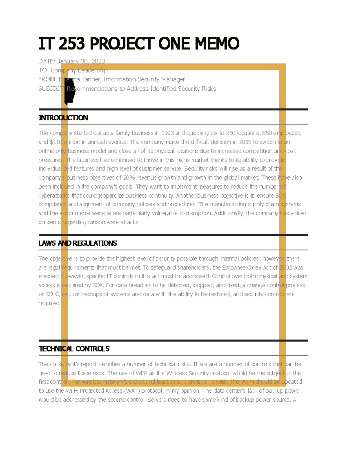 IT 253 5-2 project 1 - IT 253 PROJECT ONE MEMO DATE: January 30, 2023 ...