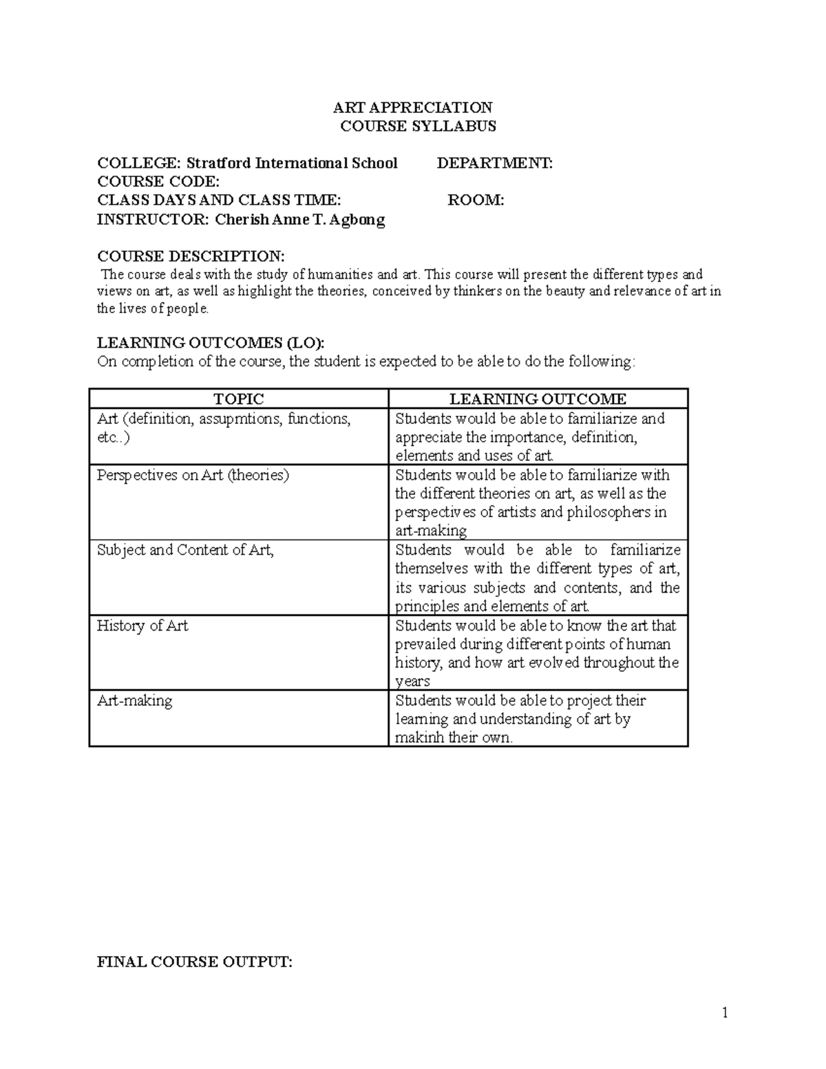 Art Appreciation in the modern world - ART APPRECIATION COURSE SYLLABUS ...