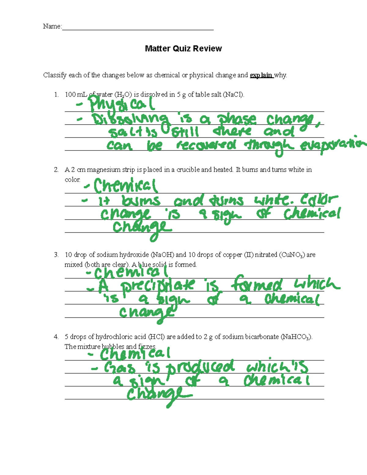 Matter Quiz Review - Name ...