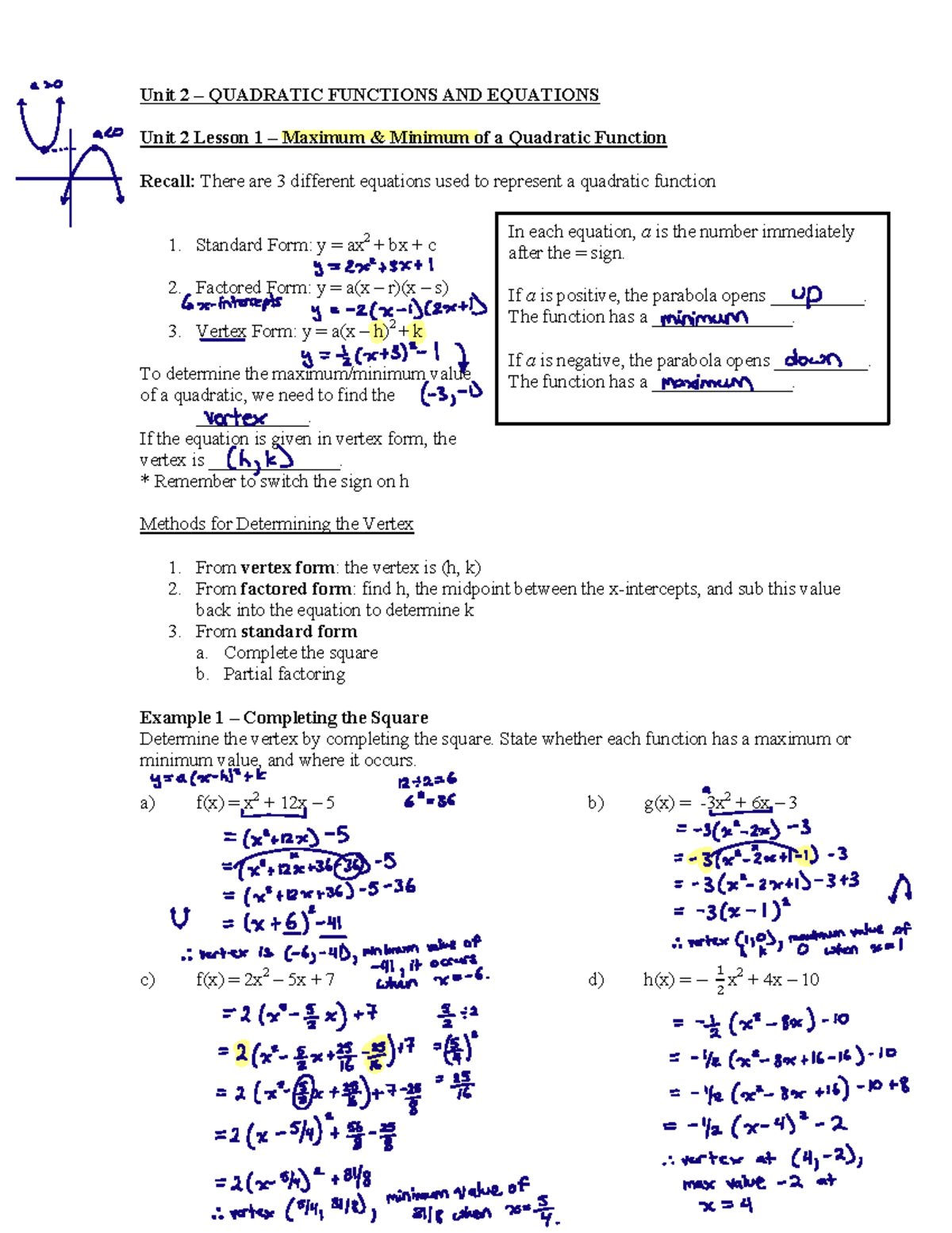 Maximum And Minimum Of A Quadratic Function Unit 2 Quadratic Functions And Equations Unit 2
