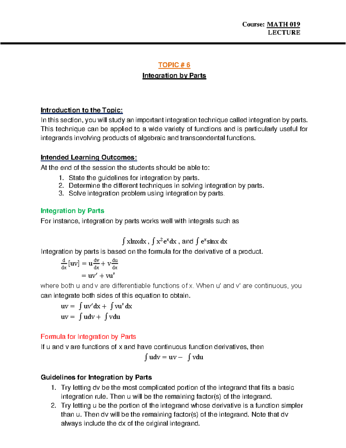 Integration By Parts - Calculus 2 - TIP - Studocu