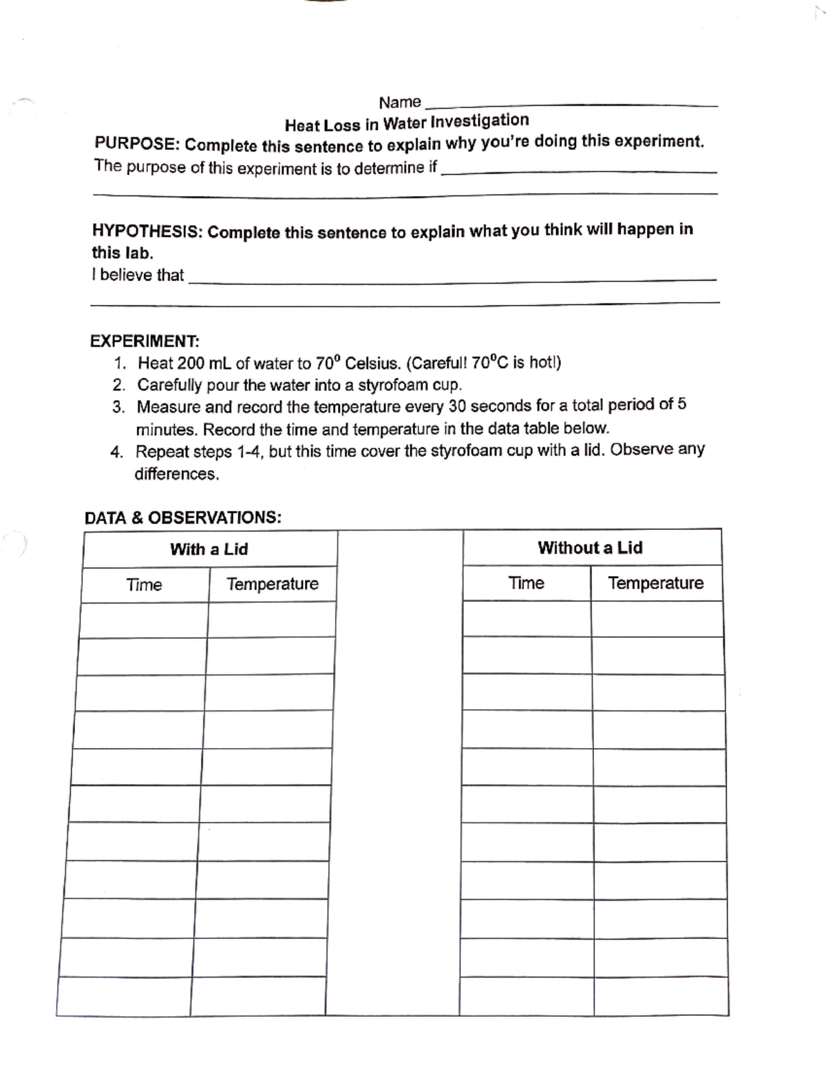 Heat loss lab - lab - Name ______________ Heat Loss in Water ...
