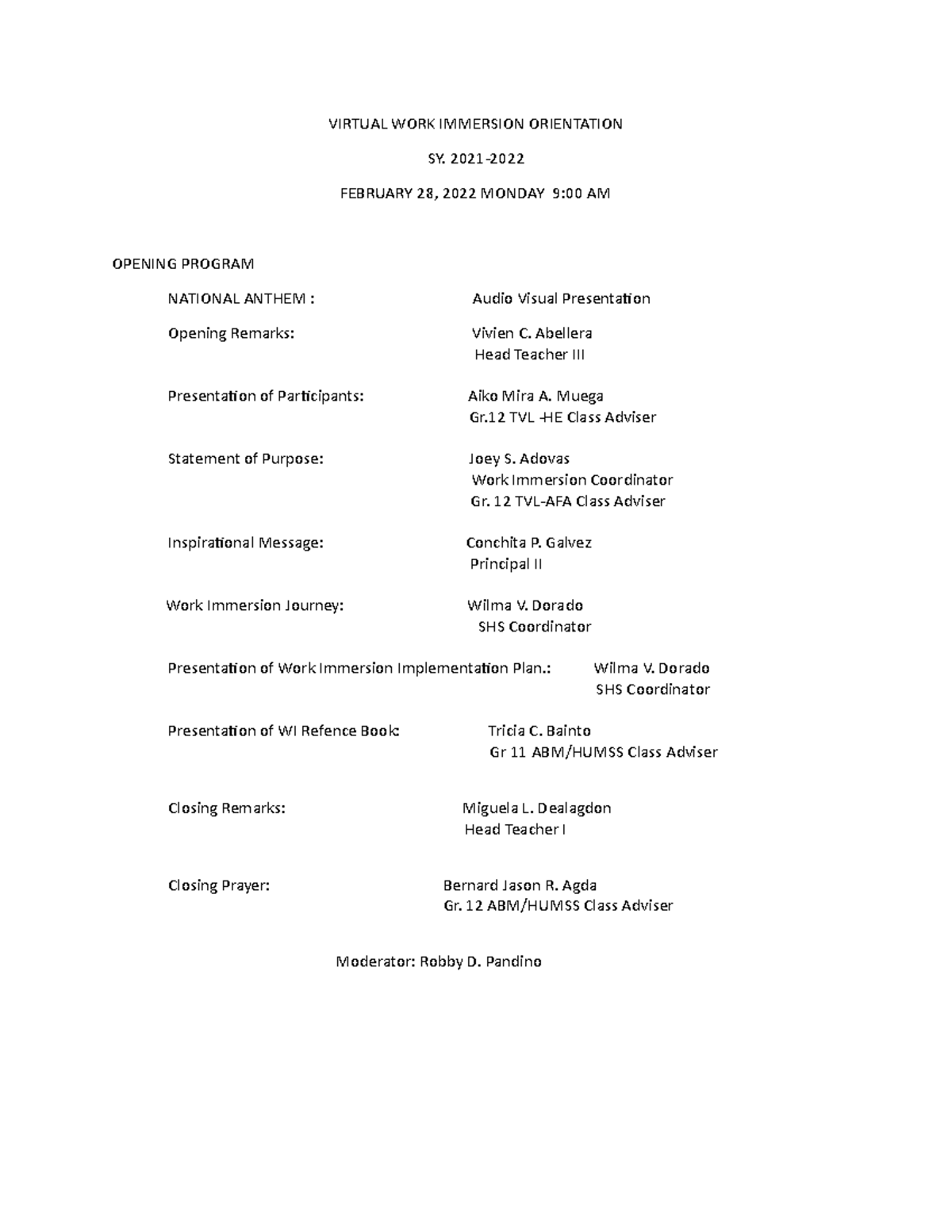 Virtual WORK Immersion Orientation Program - VIRTUAL WORK IMMERSION ...