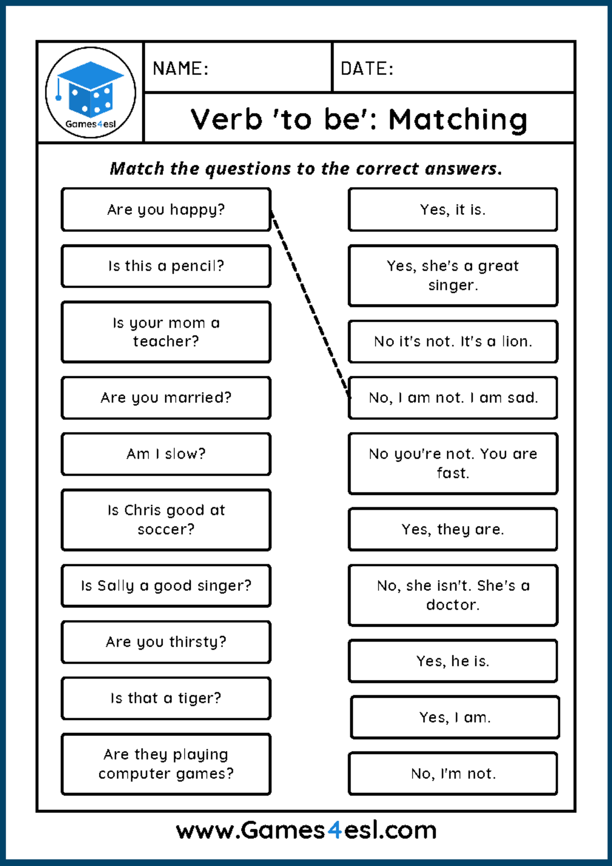 VerbToBe_Practicum - Verb 'to be': Matching DATE: Games 4 esl NAME ...