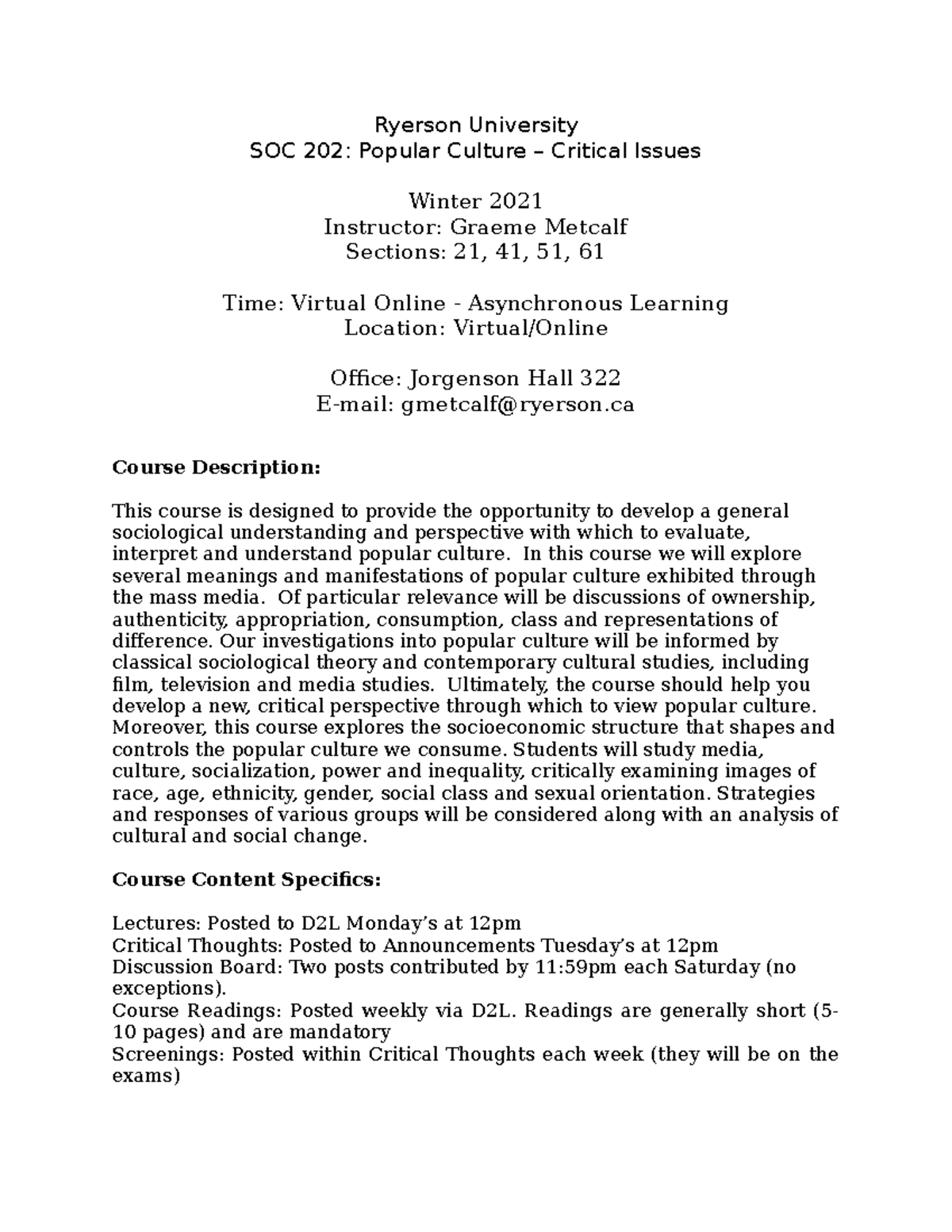 SOC 202 Winter 2021 Course Outline - Ryerson University SOC 202 ...