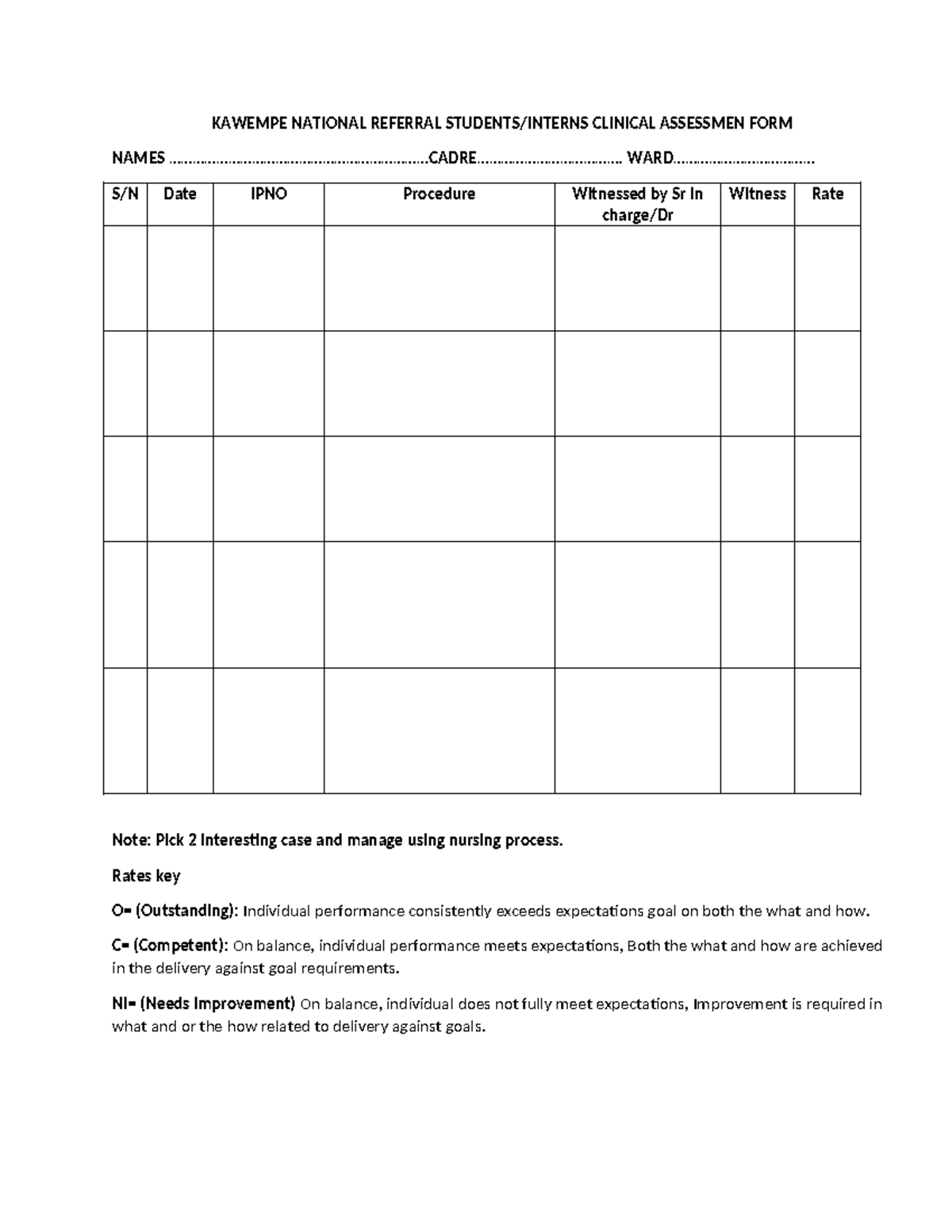 Kawempe Intern Nurses Assessment FORM 2 - KAWEMPE NATIONAL REFERRAL ...