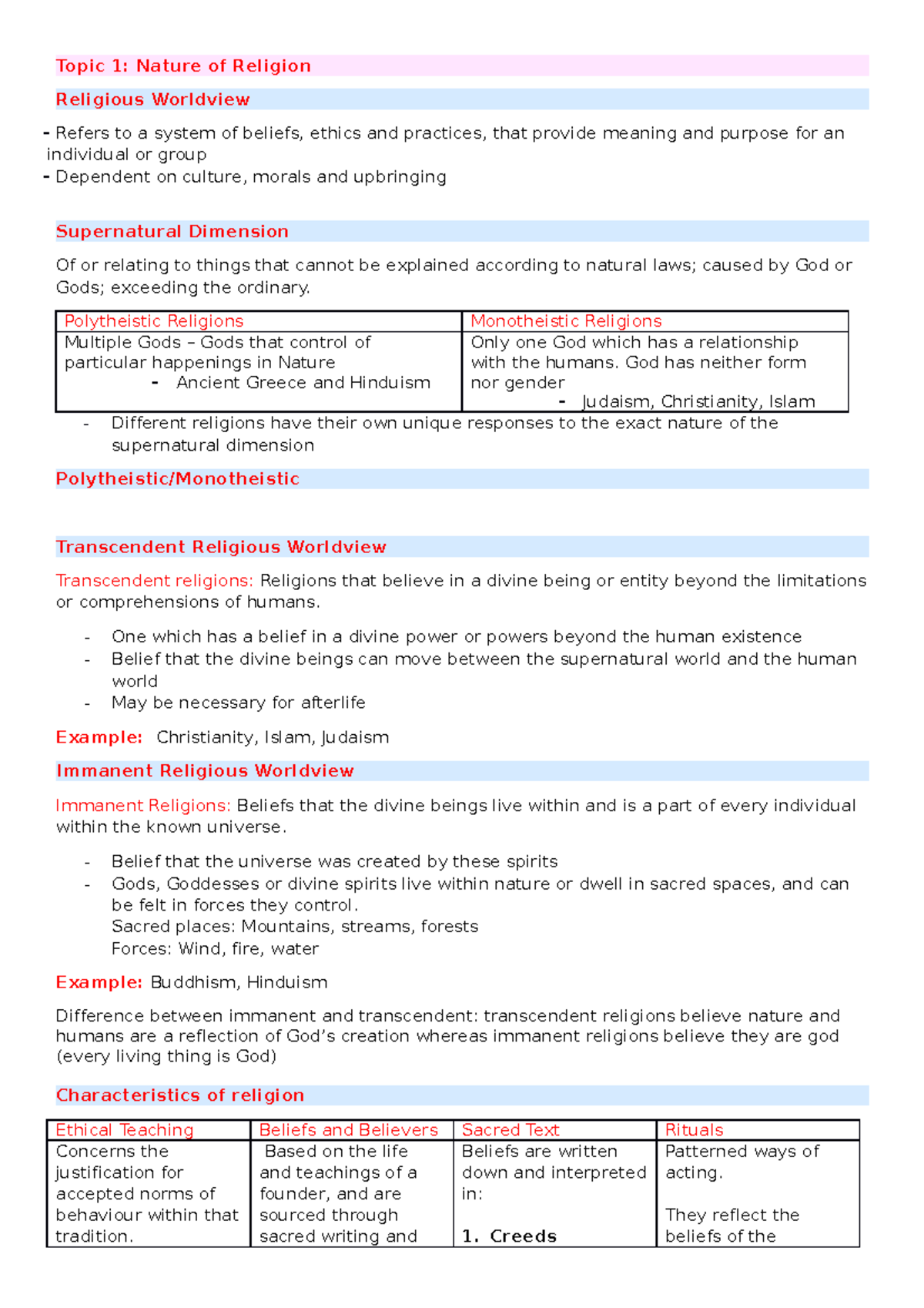SOR Notes - Topic 1: Nature of Religion Religious Worldview Refers to a ...