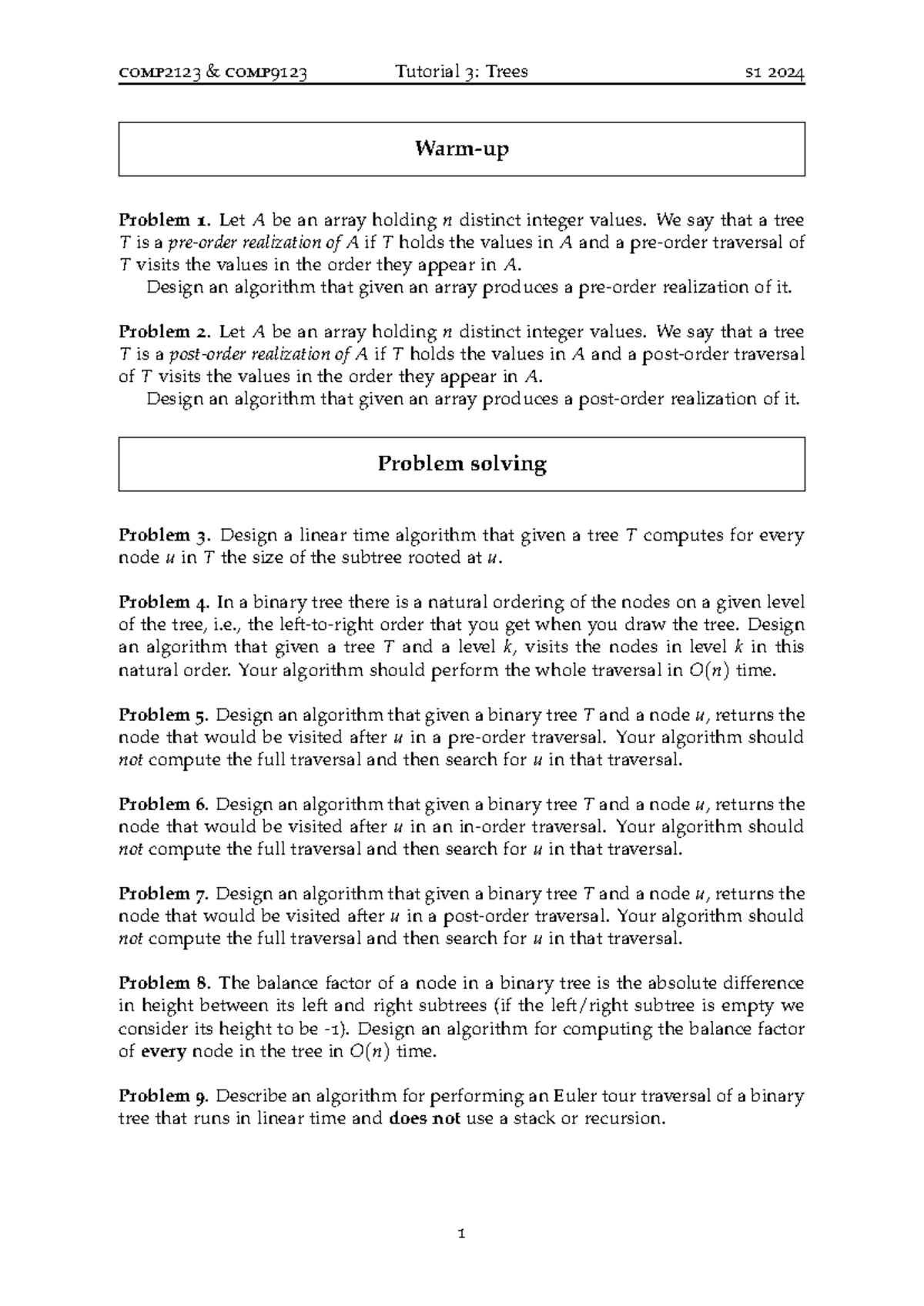 Week 3 - Trees-6 - tut on trees - comp2123 & comp9123 Tutorial 3 : Trees s1 2024 Warm-up Problem ...