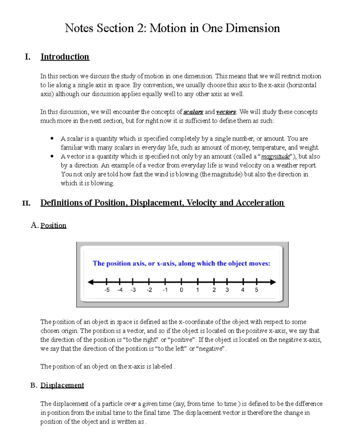 Phys 1401 Notes Section 2 - Motion in One Dimension - Notes Section 2 ...