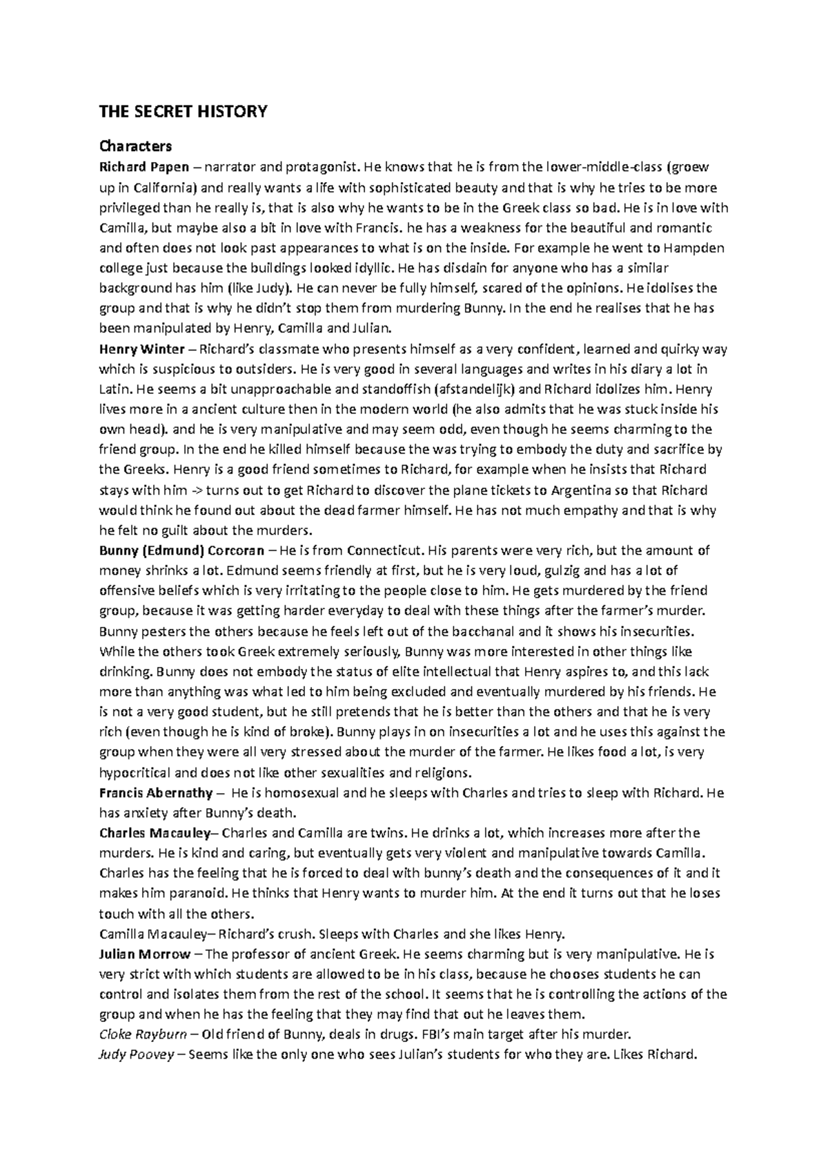 The Secret History literaire kenmerken - THE SECRET HISTORY Characters ...