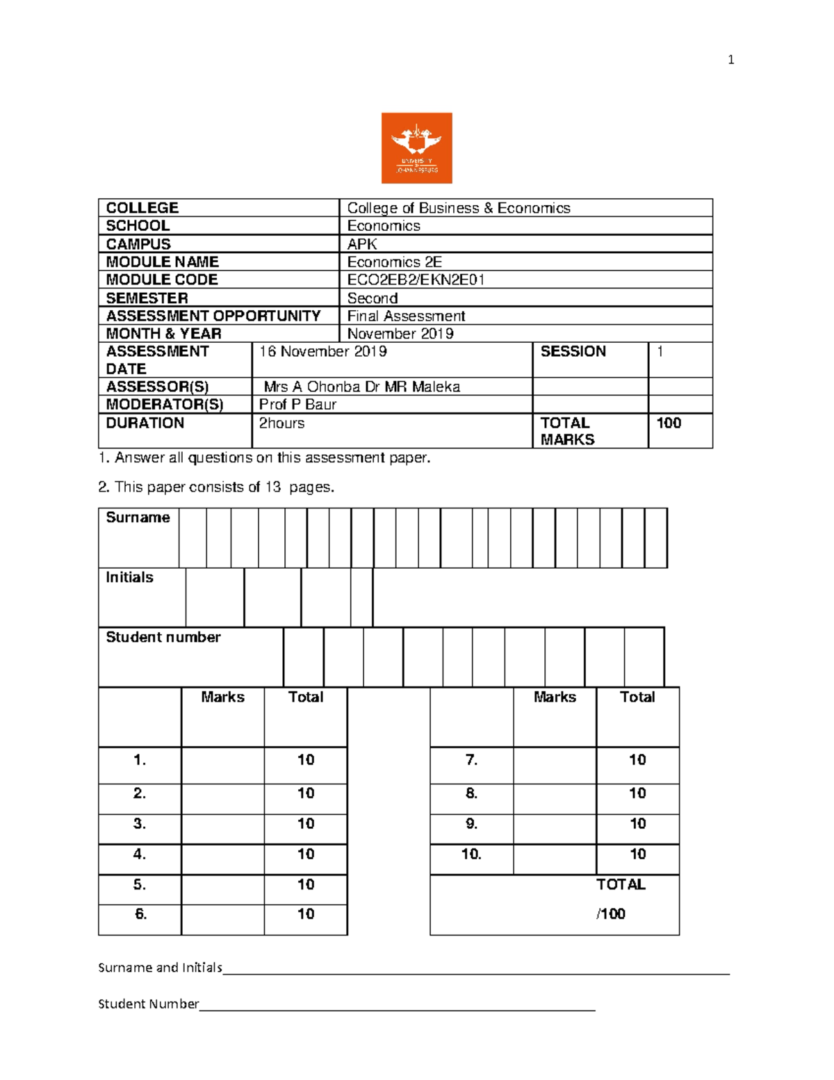 Economics 2E 2019 EXAM - EXAM PAST PAPER - Surname and - Studocu
