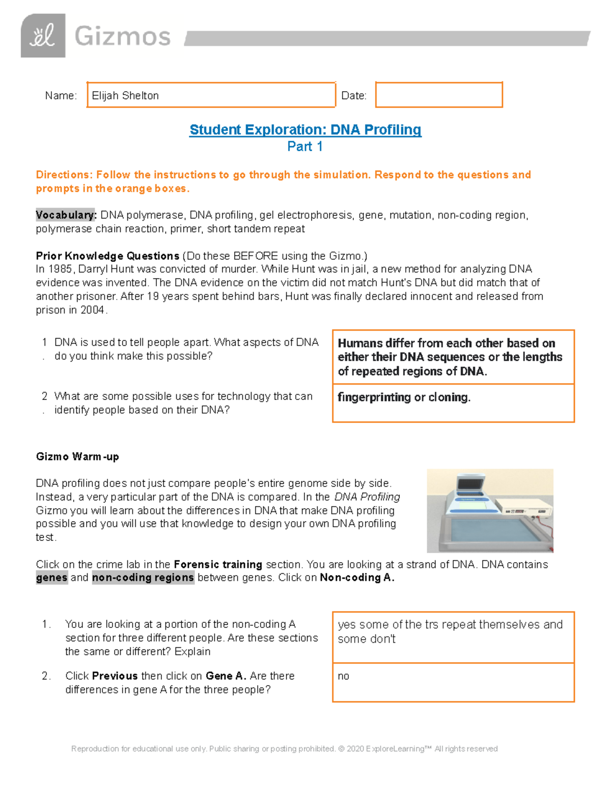 Copy of 2-5 Introduction to DNAProfiling SE - Name: Elijah Shelton Date ...