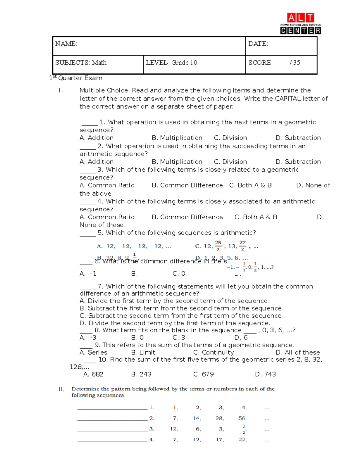 Q1-Exam-gr. 8-10-math - NAME: DATE: SUBJECTS: Math LEVEL: Grade 10 ...