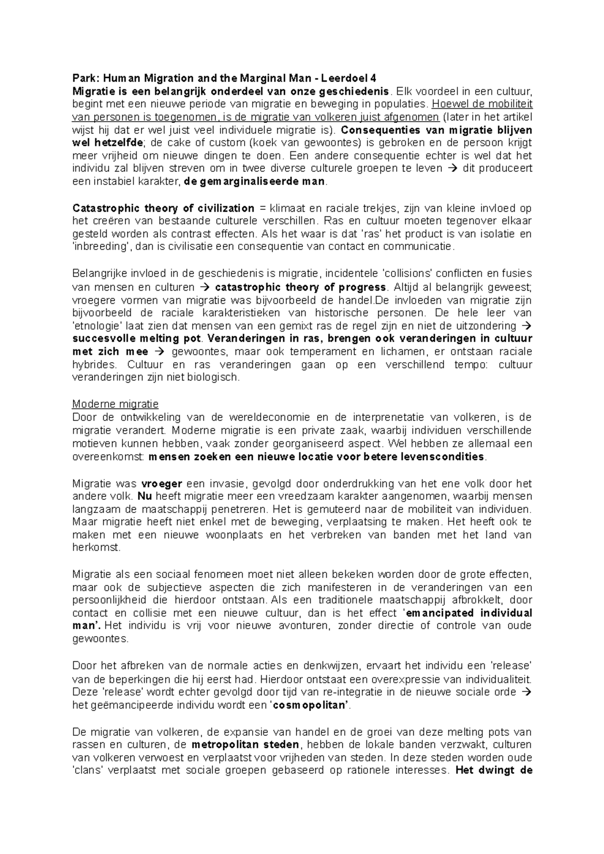 Park - Samenvatting van artikel Park - Park: Human Migration and the Marginal Man - Leerdoel 4 ...