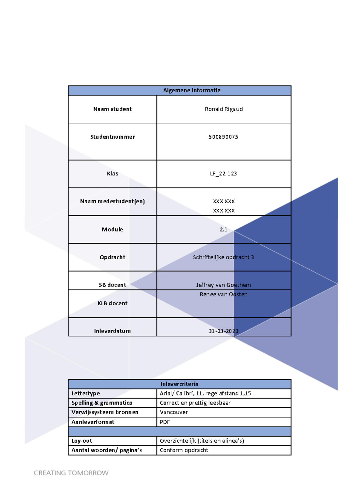 Ronald rigaud SO 3 22-23 - Algemene informatie Naam student Ronald ...