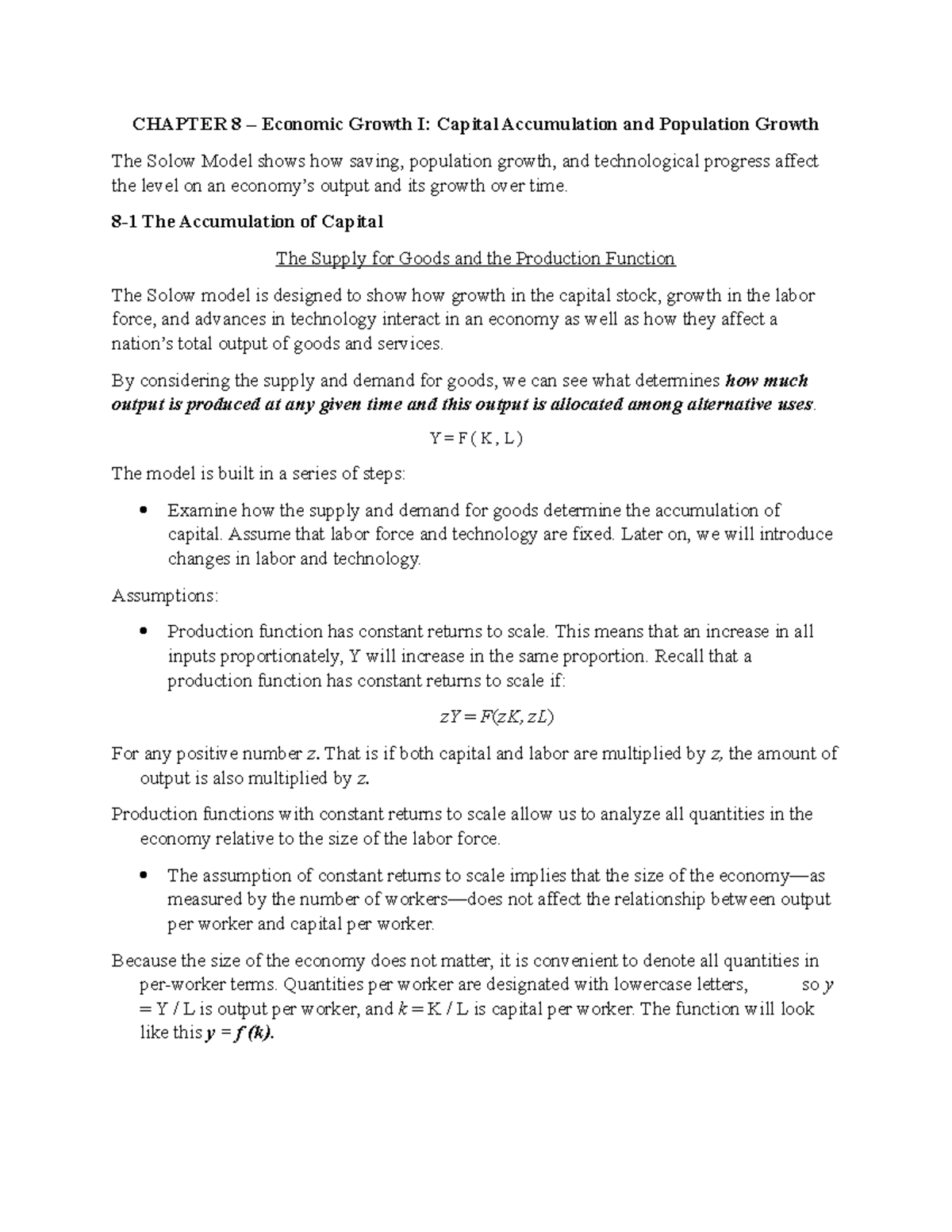 Chapter 8 Notes - Economic Growth I: Capital Accumulation and ...