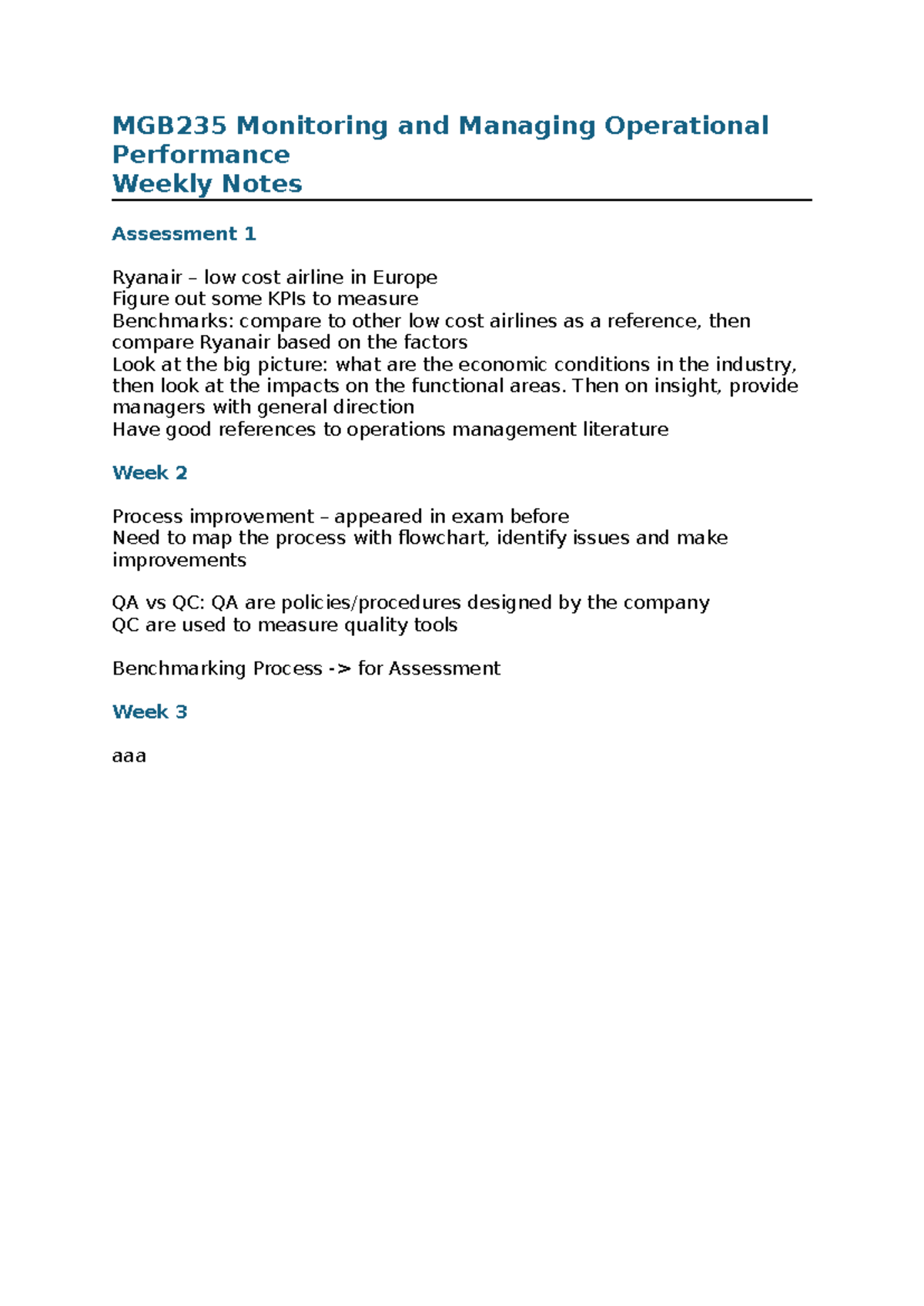 Weekly Notes - MGB235 Monitoring and Managing Operational Performance ...