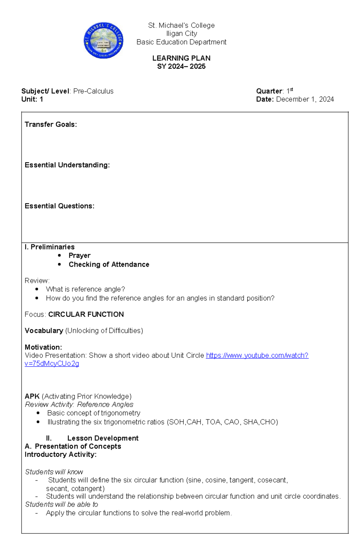 Lomabao Lesson Plan for SHS - St. Michael’s College Iligan City Basic ...