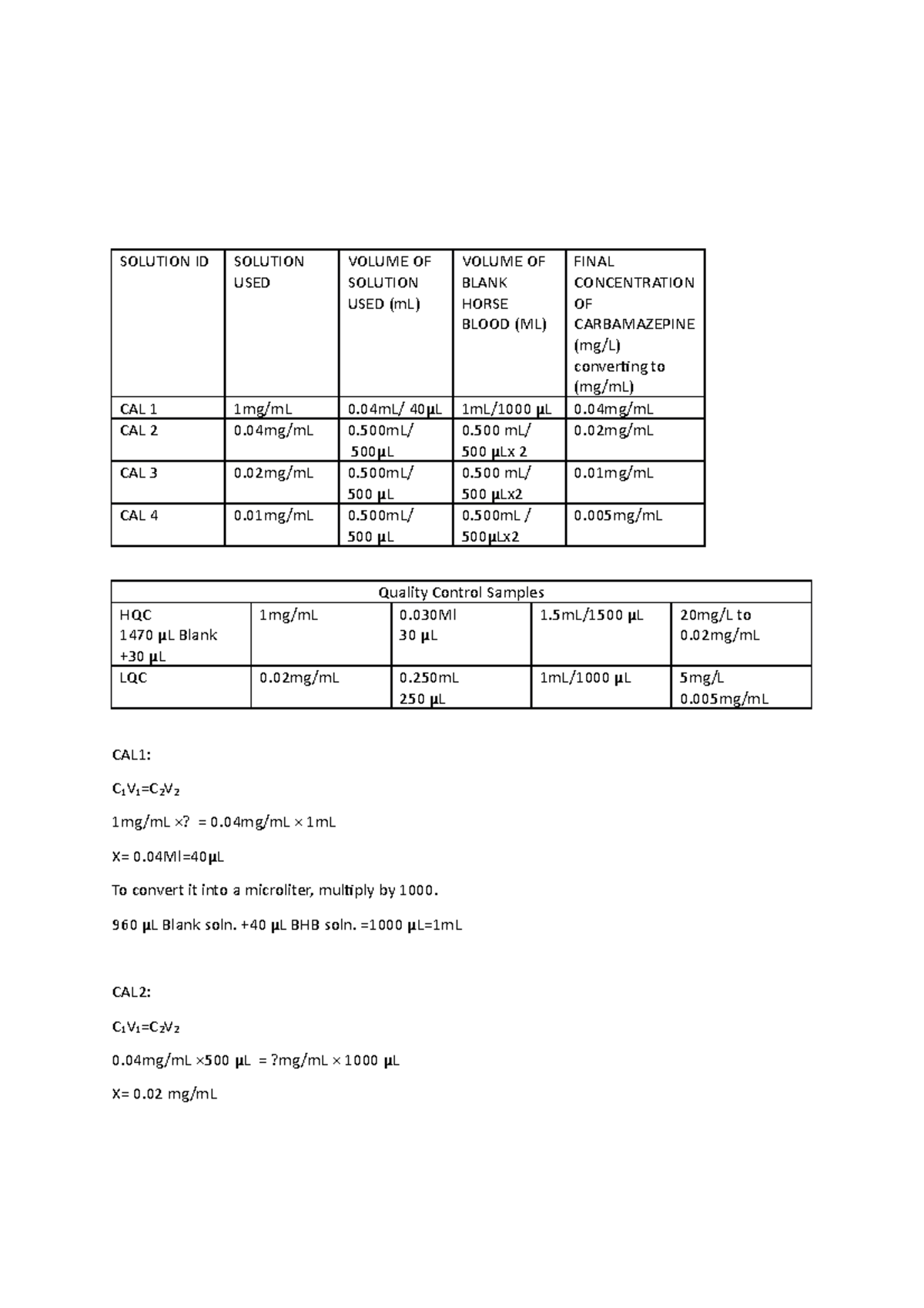 BHB - General Calculation - SOLUTION ID SOLUTION USED VOLUME OF ...