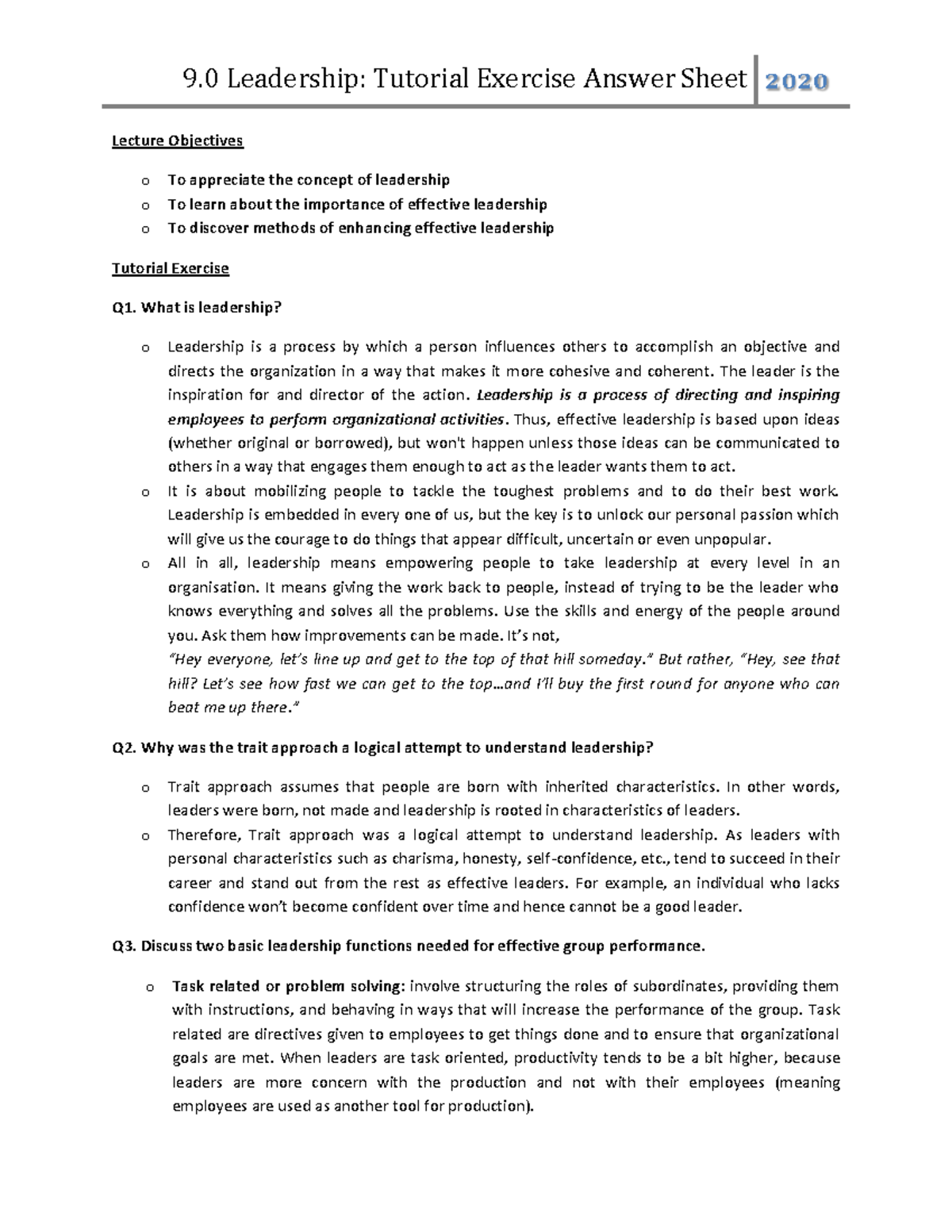 9.0 Leadership Tutorial Solution - 9 Leadership: Tutorial Exercise ...