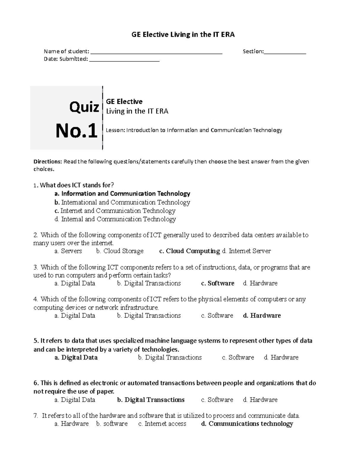 Prelim QUIZ 1 - Living in the IT Era - GE Elective Living in the IT ERA ...