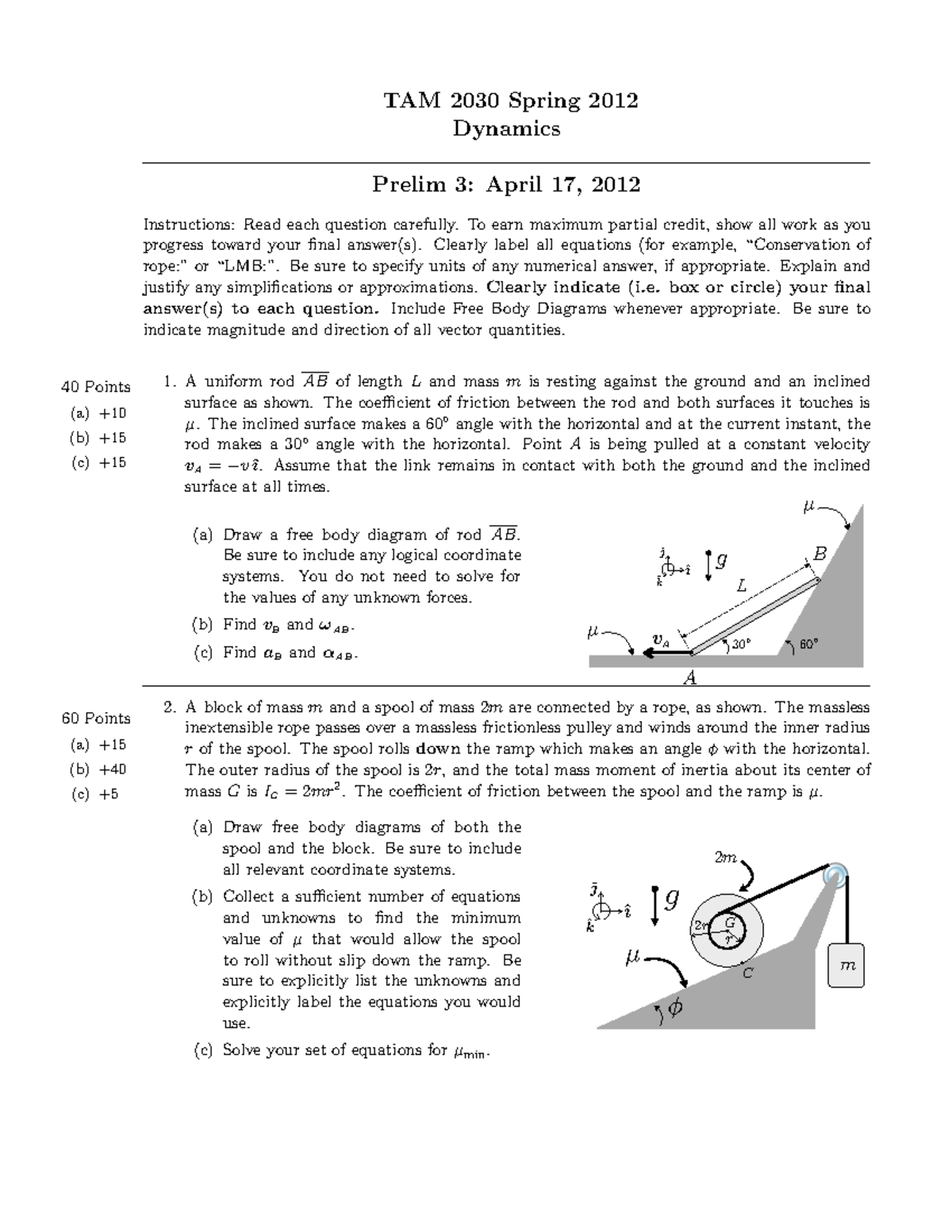 Prelim 3 - Questions and problems from the third exam - TAM 2030 Spring ...