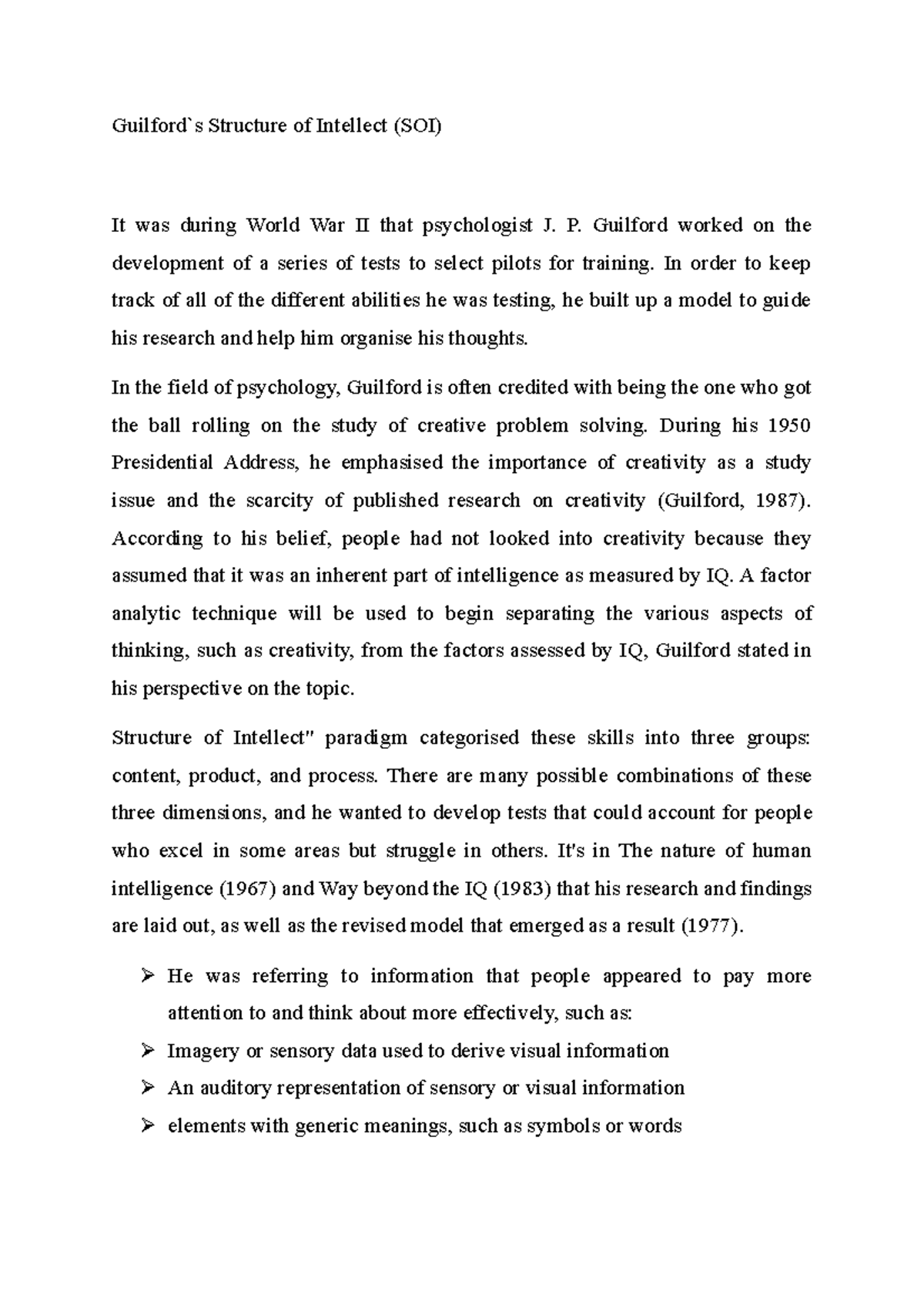 Structure of Intellect - P. Guilford worked on the development of a ...