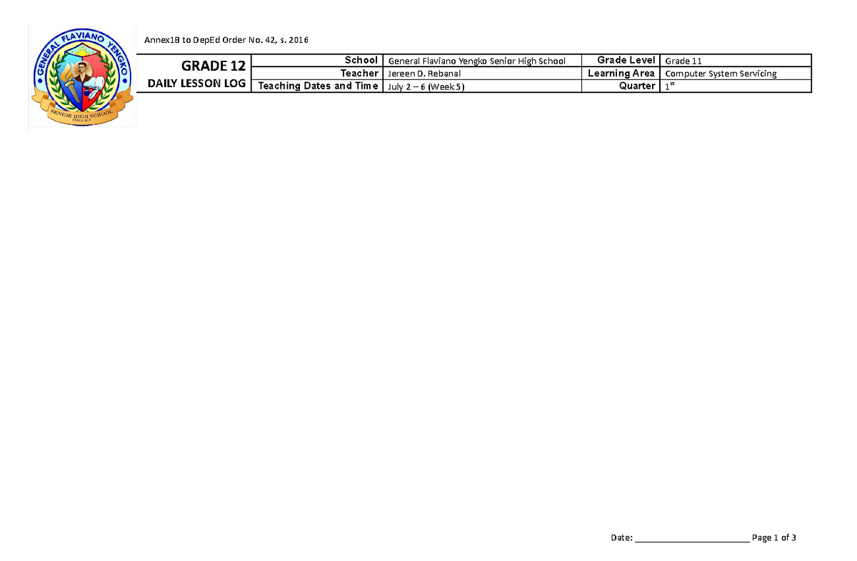DLL-CSS (Week 5) - Lesson Plan - Annex1B to DepEd Order No. 42, s. 2016 ...