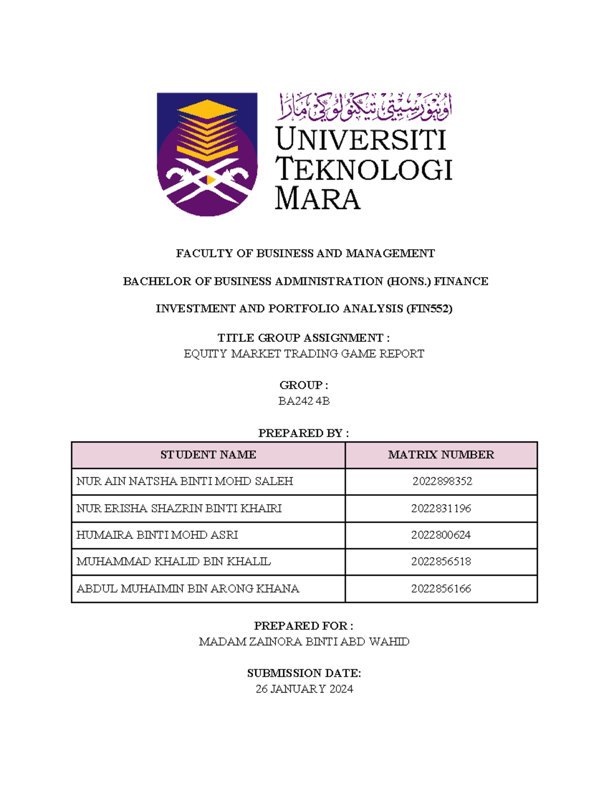 FIN 552 ( Group 3) - Investment and Portfolio Analysis - UiTM - Studocu