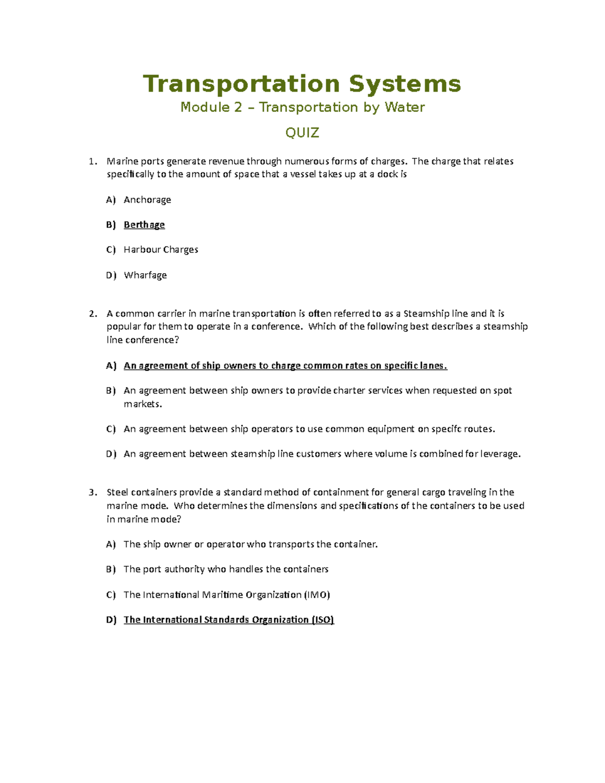 TS Quiz 02 - Transportation by Water Answers Pritesh - Transportation ...