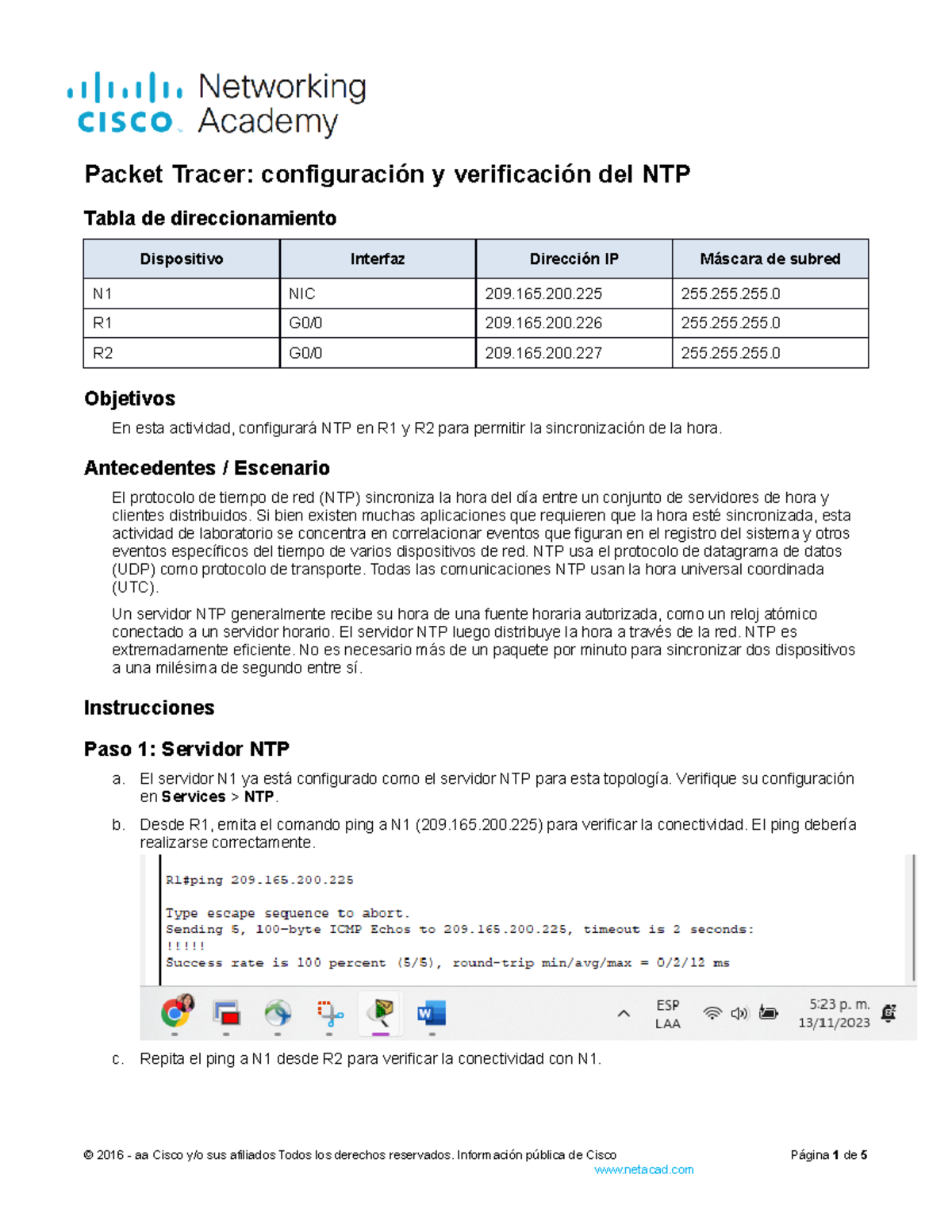 10.3.4 Packet Tracer - Configure and Verify NTP - ILM - Tabla de direccionamiento Dispositivo ...